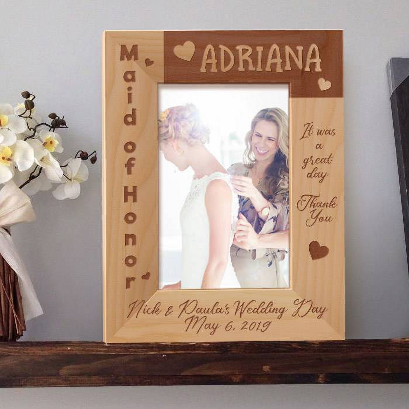 Maid of Honor Personalized Wooden Picture Frame 4" x 6" Brown (Vertical ...