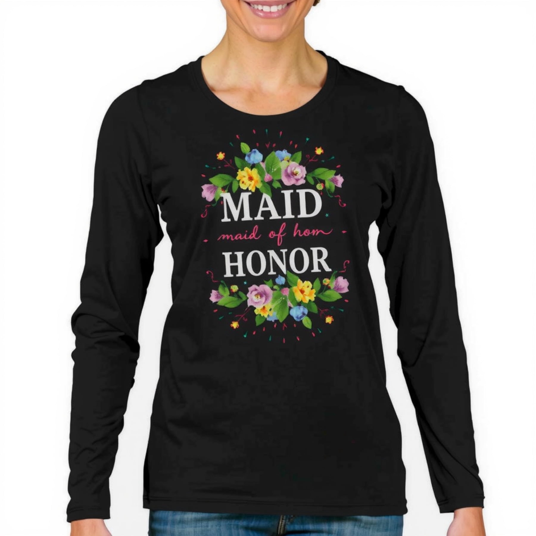 Maid of Long Sleeve T-Shirt with Floral Wreath Design - for Weddings ...