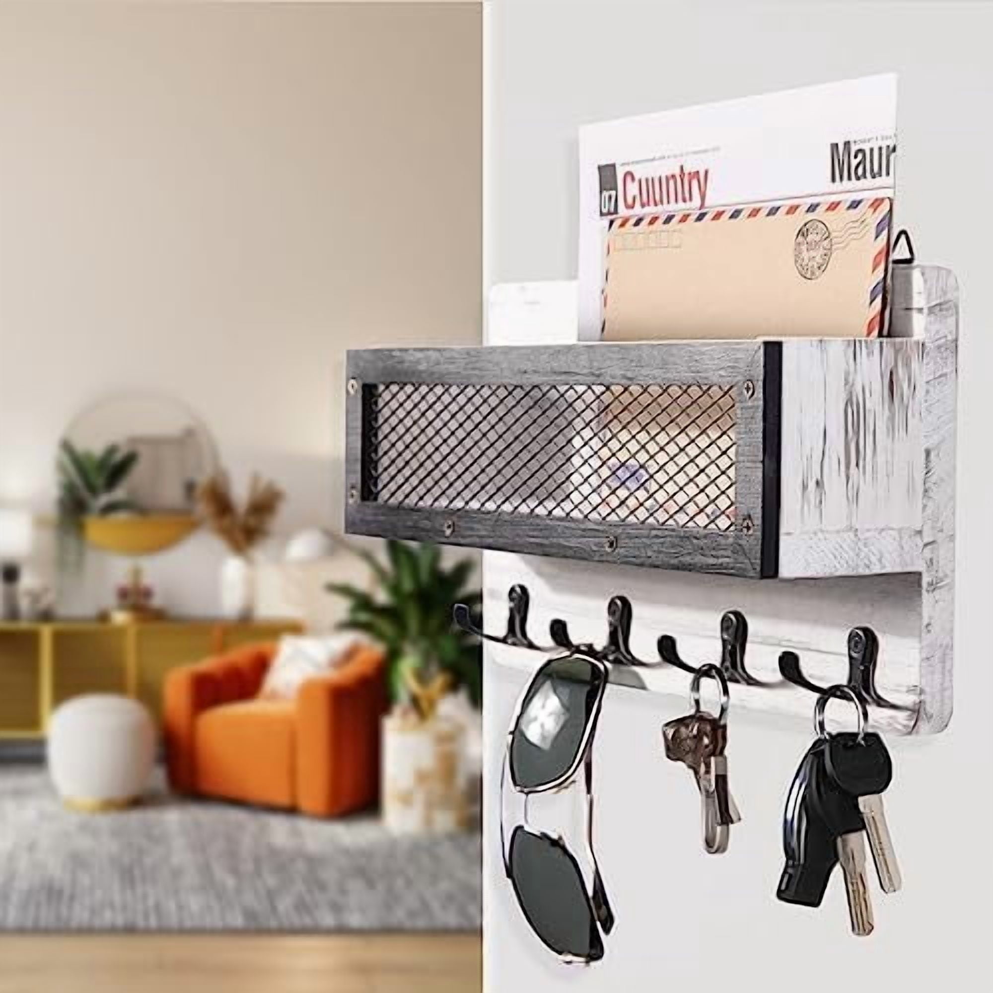 Mail and Key Holder for Wall Decorative, Wooden Wall Mount Key Rack ...