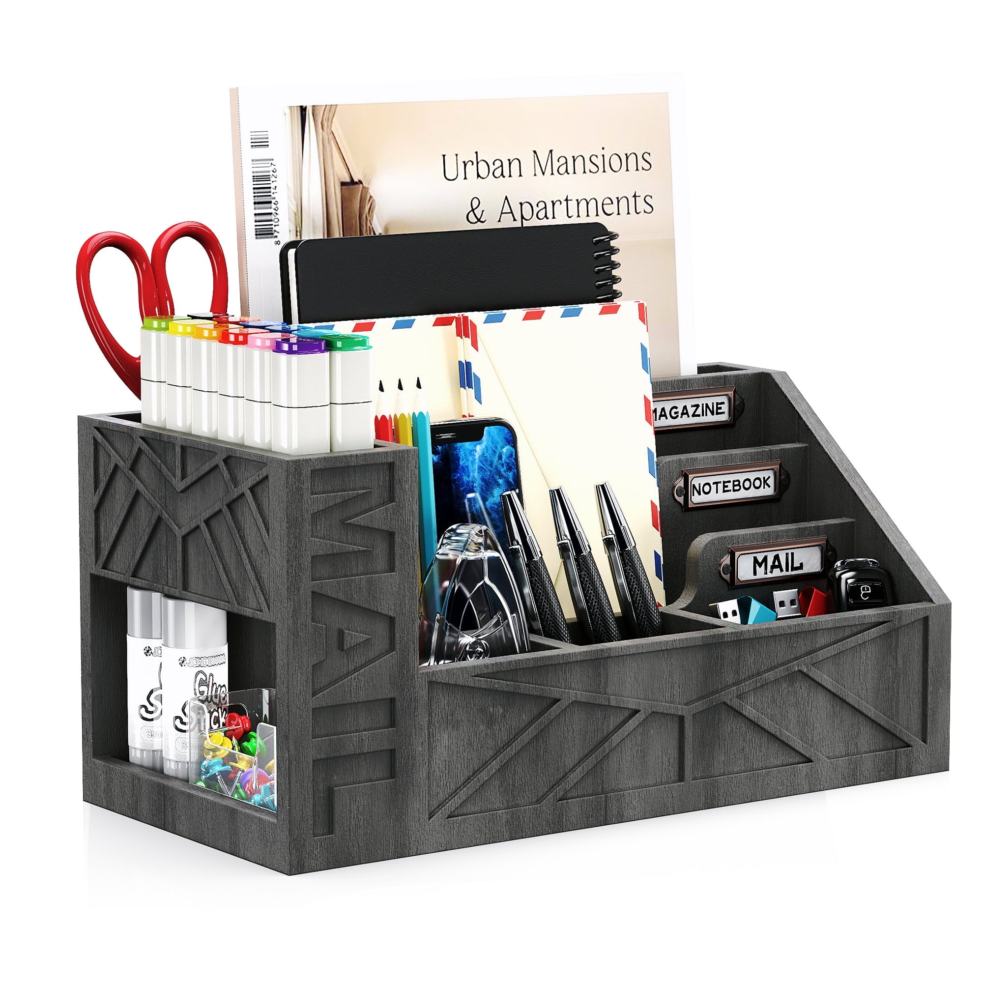 Mail Organizer Countertop for Home, Rustic Mail Holder for Desk Office ...