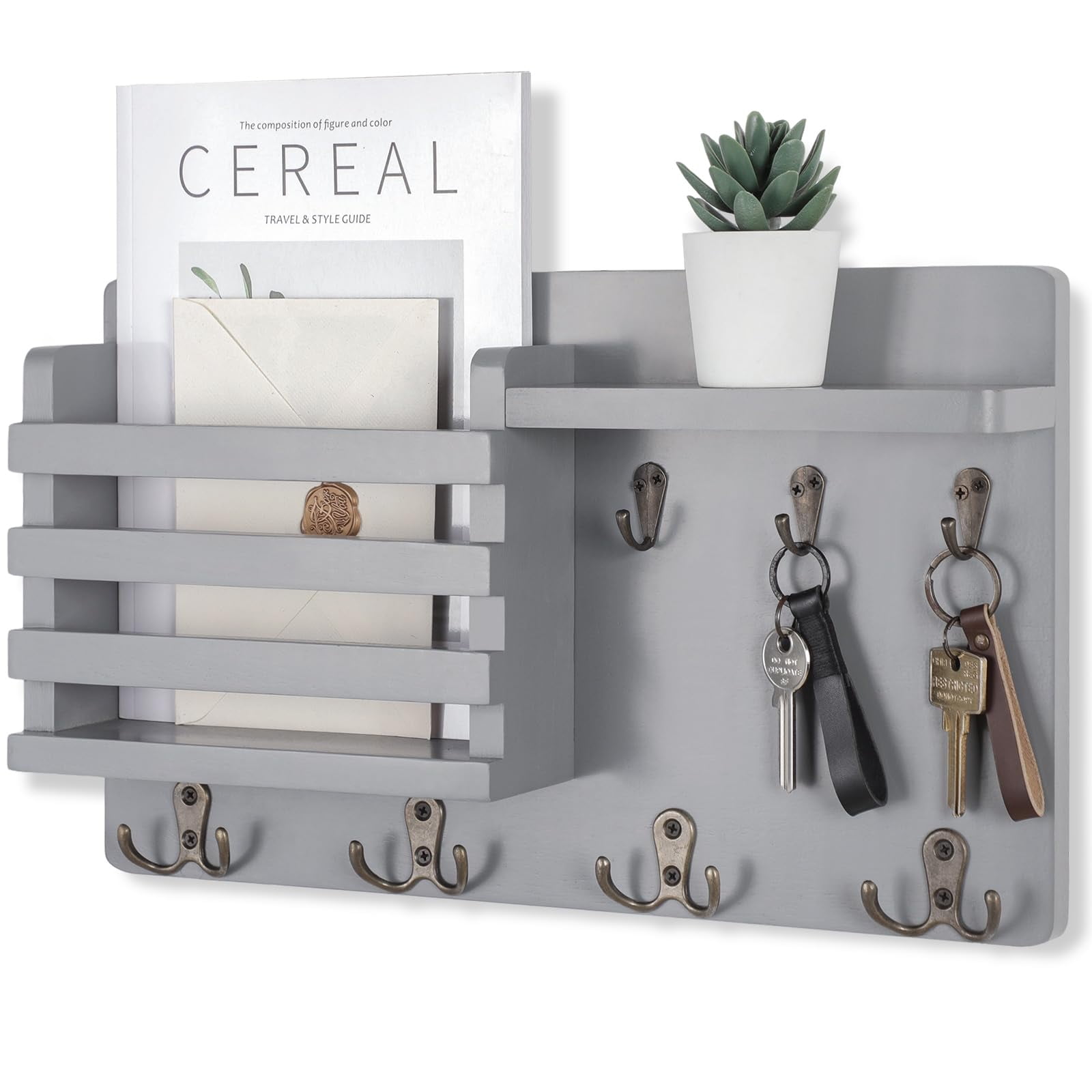 Mail Organizer for Wall Mount Rustic Wood with Key Hooks Hallway ...