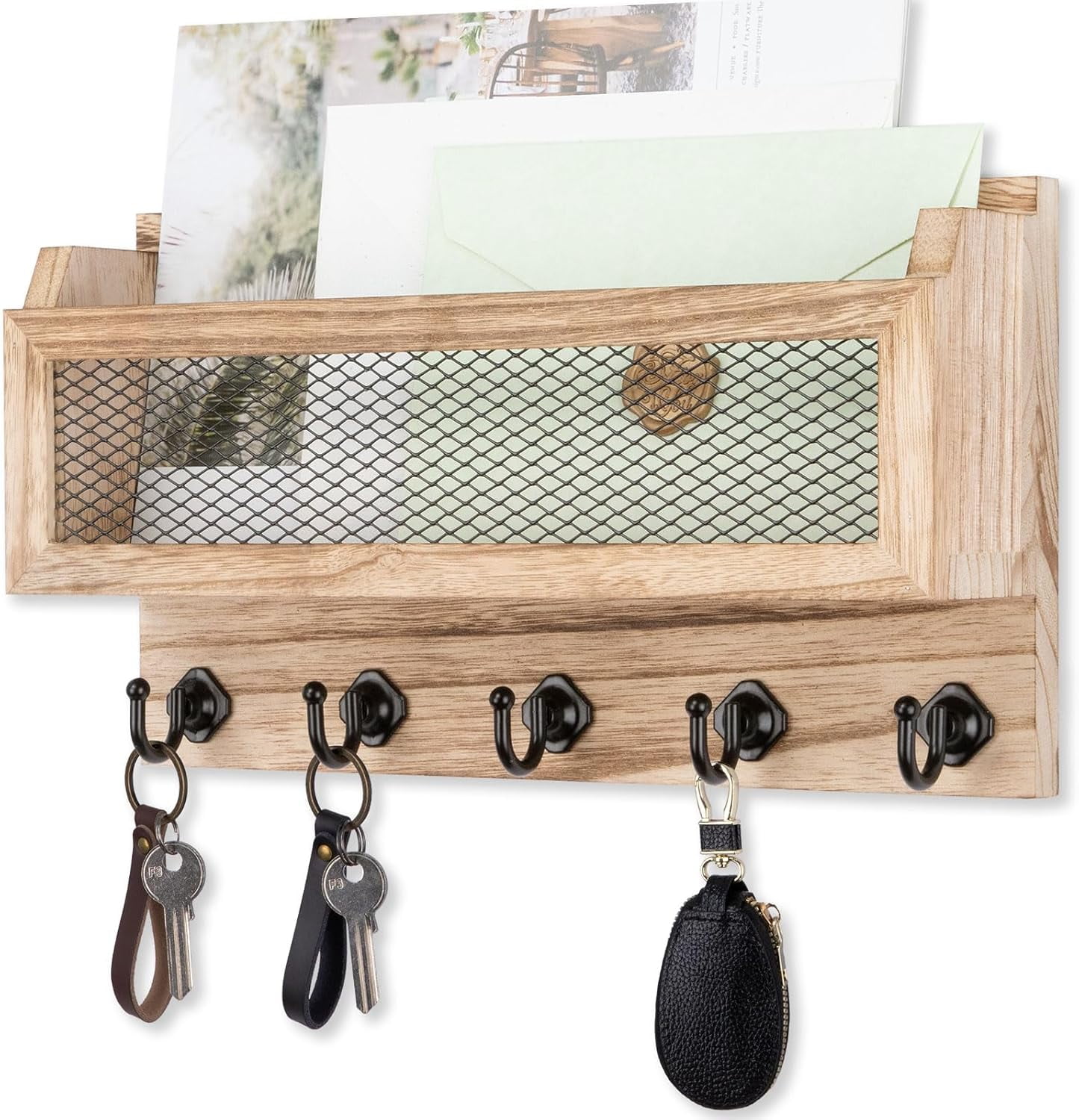 Mail and Key Holder for Wall Decorative, 11 Inch Wooden Wall Key ...