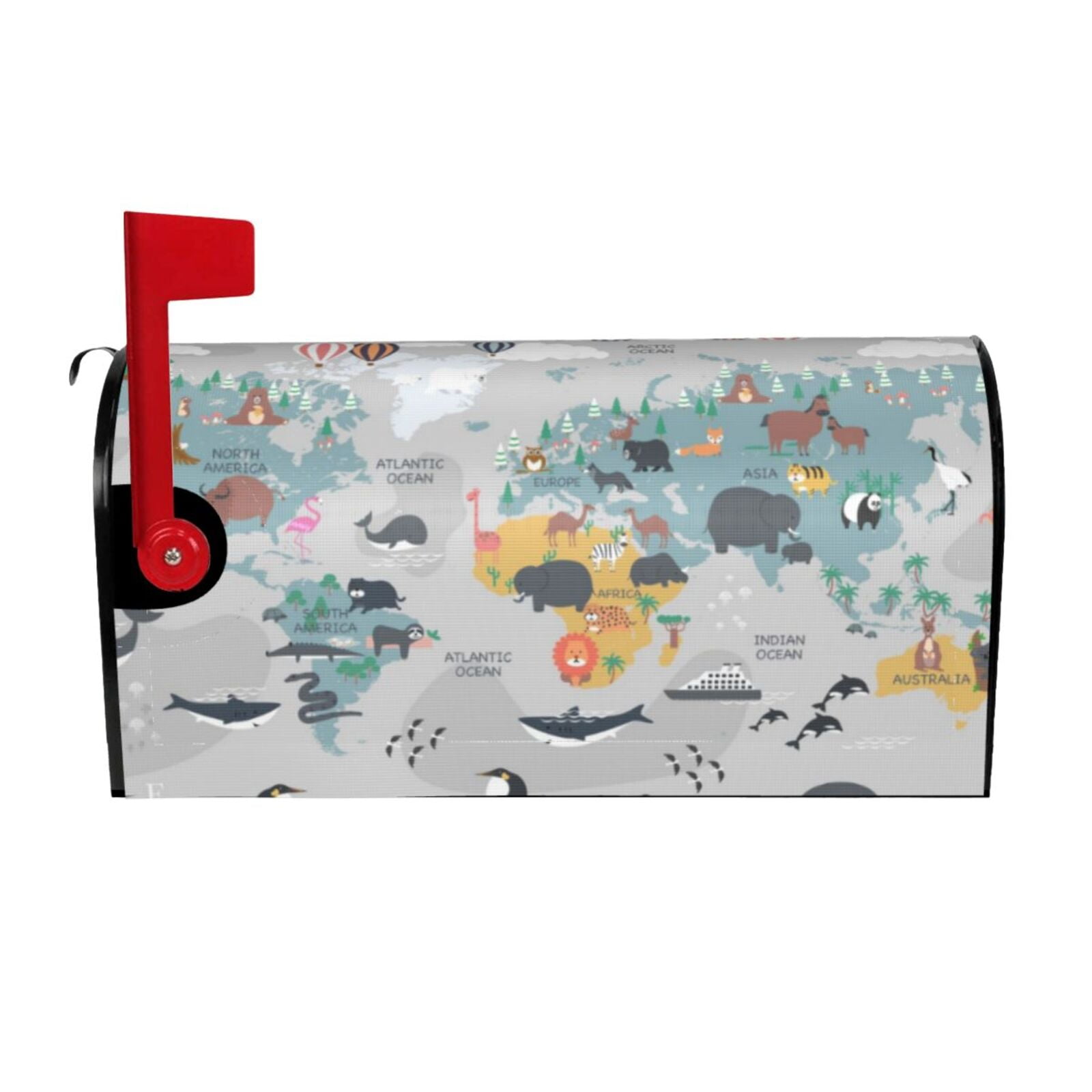 Mailbox Covers Magnetic Standard Size - World Map with Cartoon Animals ...
