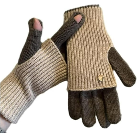 Maillard Two-Way Knit Gloves, Color Blocked Knitted Wool Glove ...