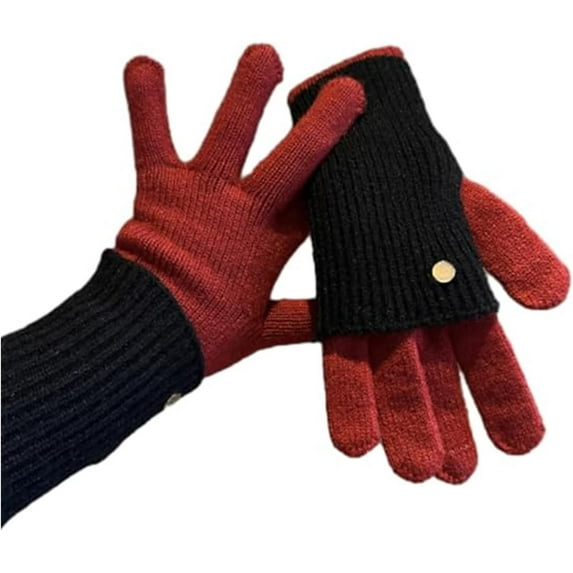 Maillard Two-Way Knit Gloves, Color Blocked Knitted Wool Glove ...