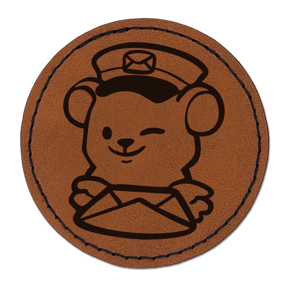 Mailman Postman Bear with Letter Cute Round Iron-On Engraved Faux ...