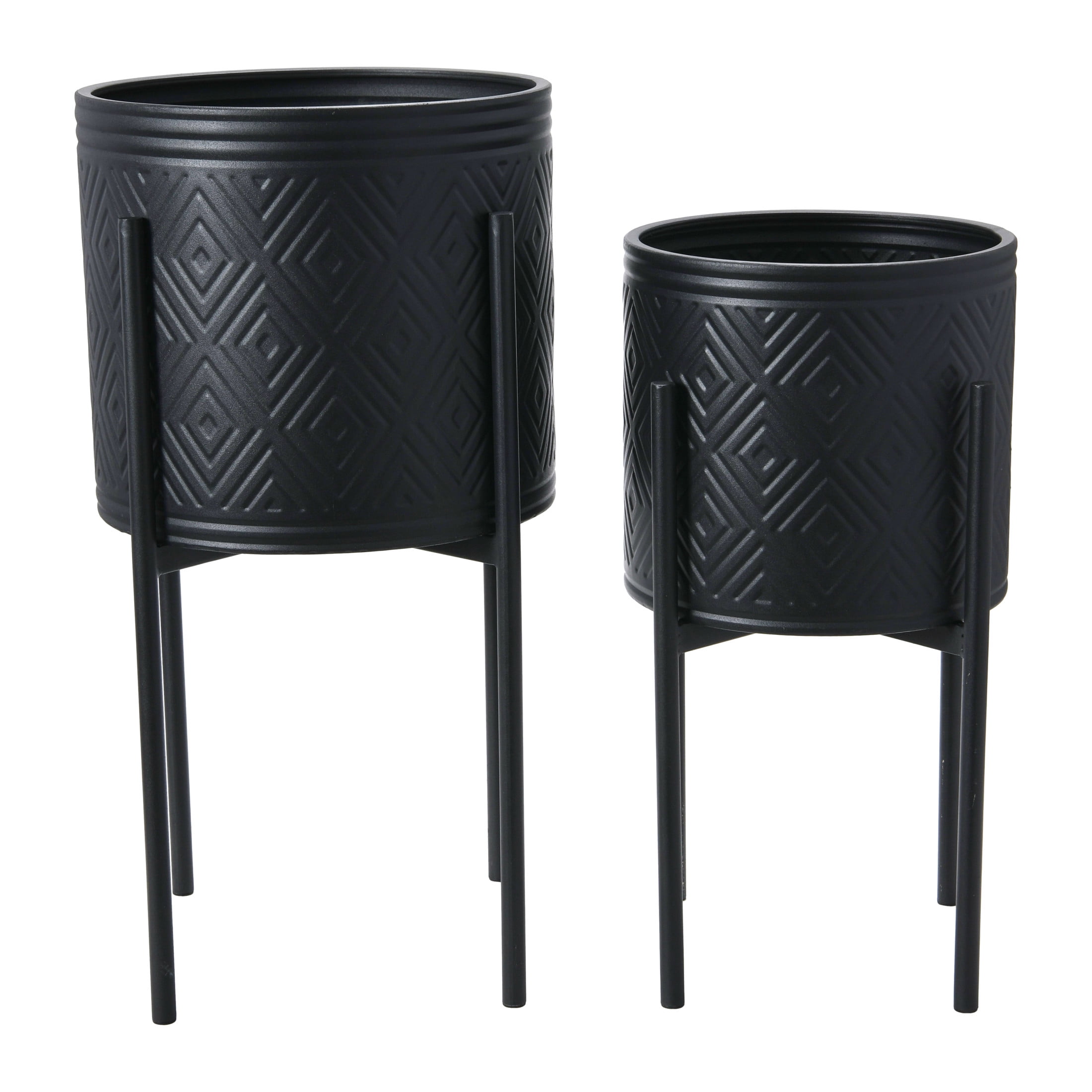 Main + Mesa Modern Boho Embossed Metal Planters with Stands, Matte Black, Set of 2 Sizes ...