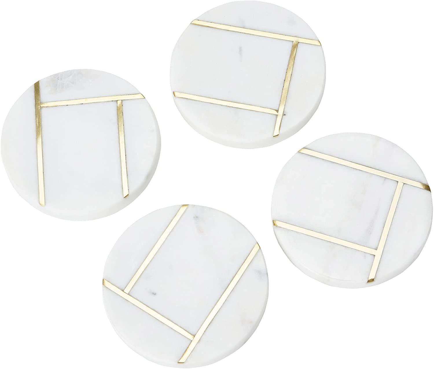 Main + Mesa Round Marble Coasters with Brass Inlay, White, Set of 4 ...