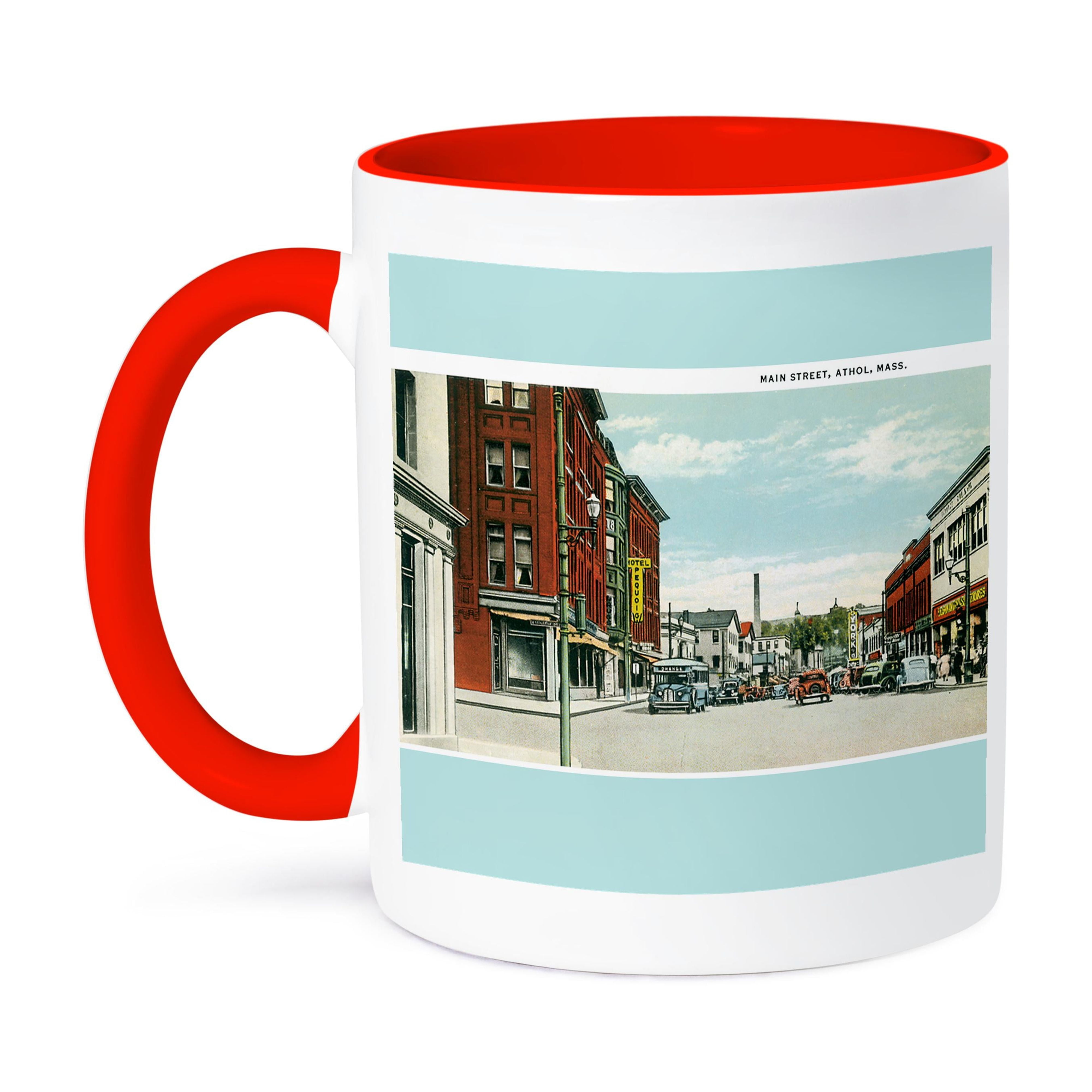 3dRose, Main Street, Athol, Massachusetts, City Street with Antique Cars, 15oz Two-Tone Red Mug ...