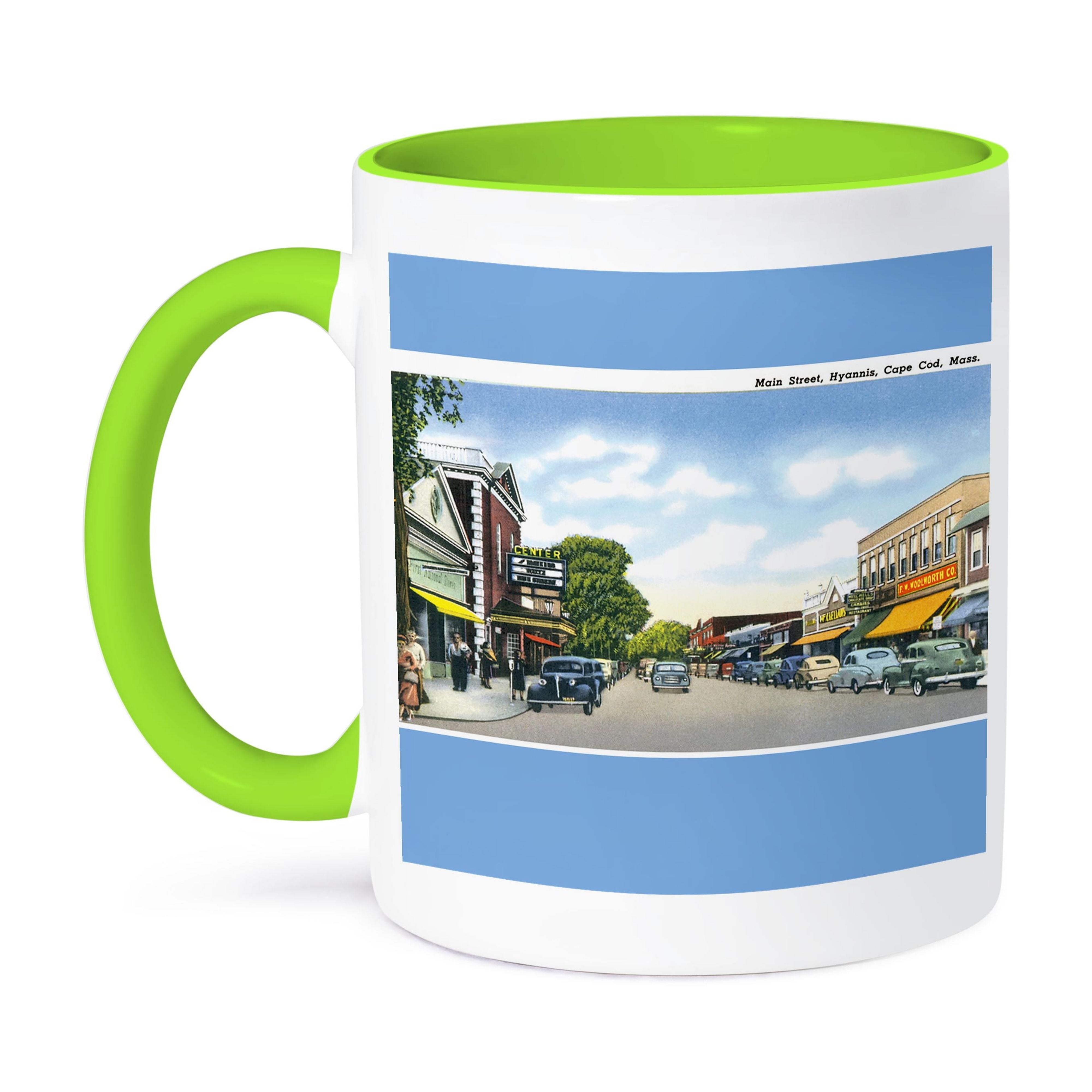 3dRose, Main Street, Hyannis, Cape Cod Street Scene with Antique Cars, 15oz Two-Tone Green Mug ...