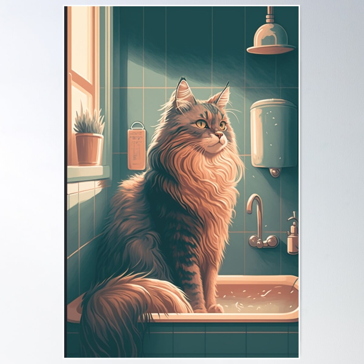 Maine Coon Cat In Bathroom - Retro. Poster Wall Art, Modern Wall Decor ...