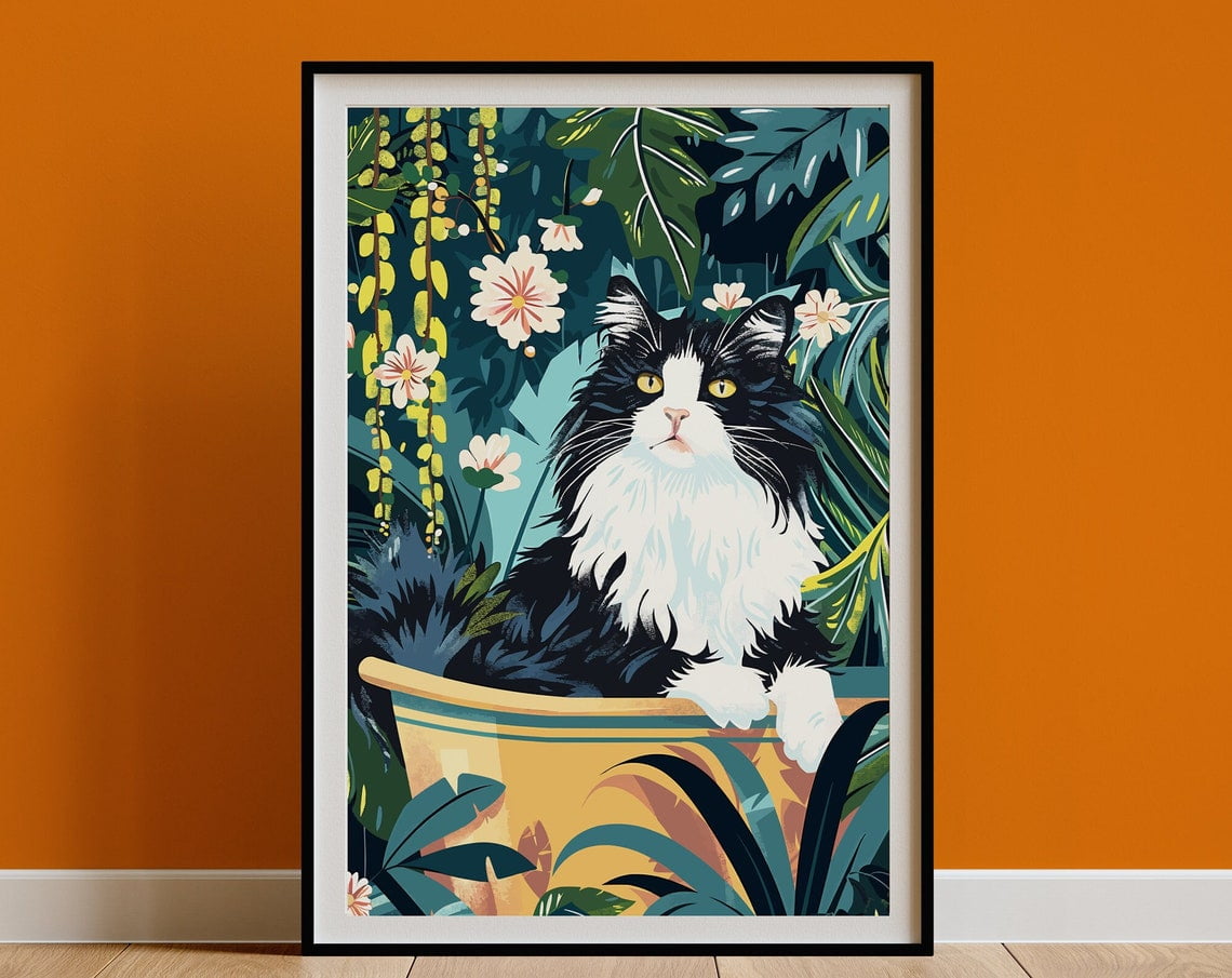 Maine Coon Cat Wall Art, Boho Kitten Jungle Bathtub Print, Maximalist ...