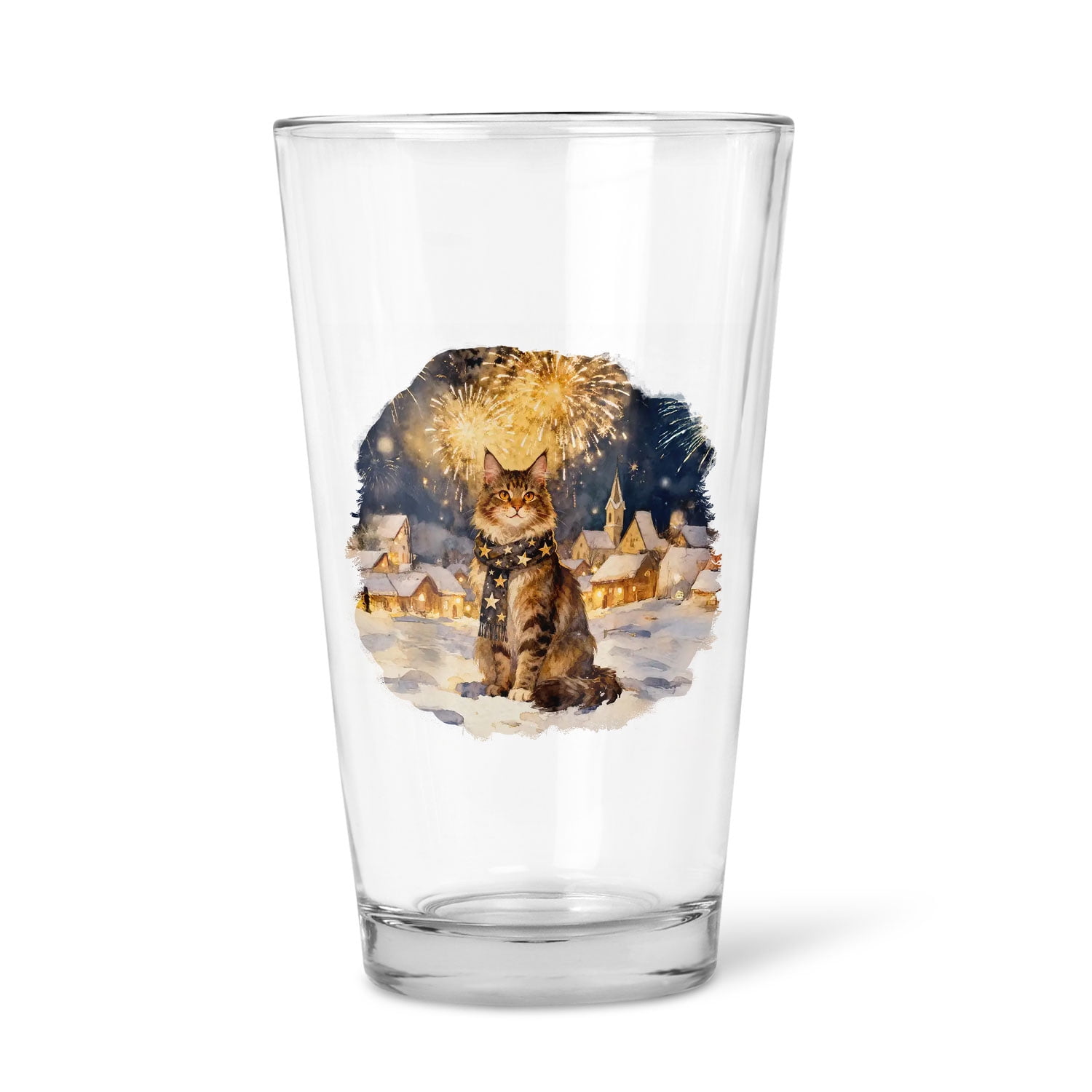 Maine Coon Happy New Year 2026 with Fireworks on New Year's Eve 16oz Pint Beer Glass Mug Cat ...