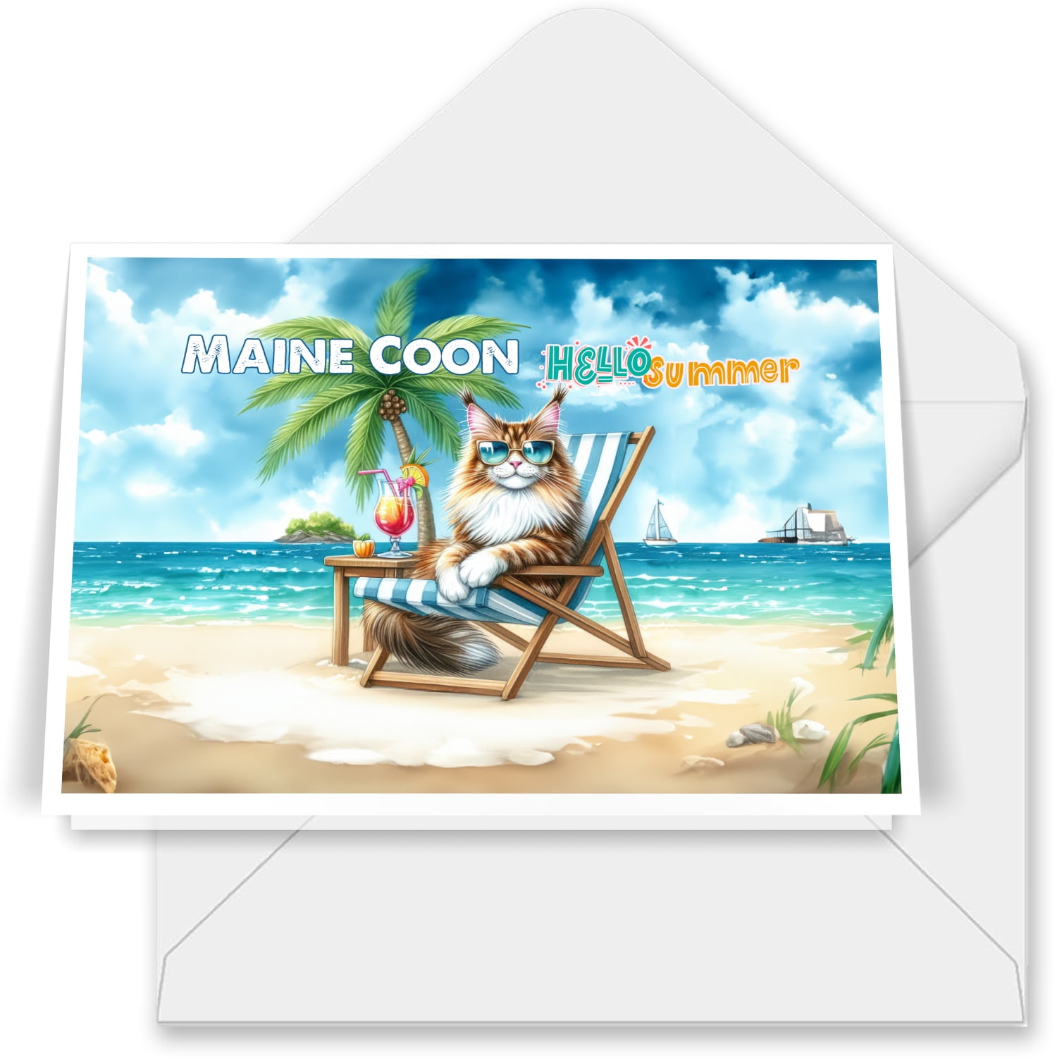 Maine Coon Hello Summer Beach Theme with Sunglasses and Tropical ...