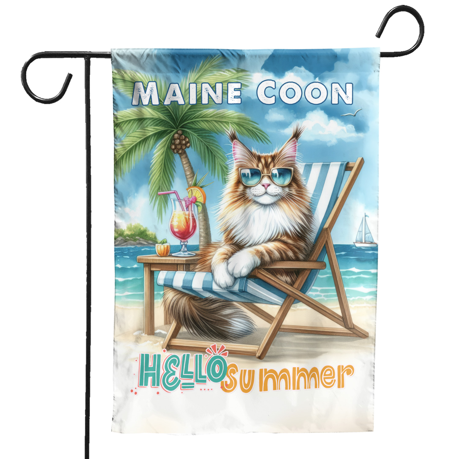 Maine Coon Hello Summer Beach Theme with Sunglasses and Tropical ...