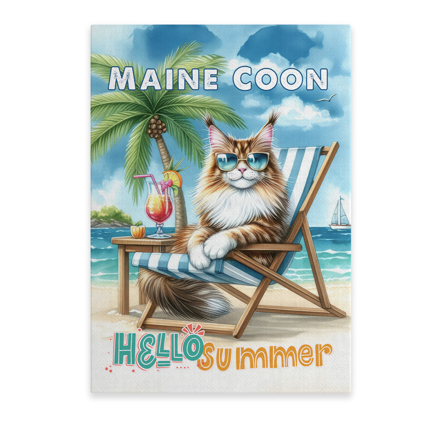 Maine Coon Hello Summer Beach Theme with Sunglasses and Tropical ...