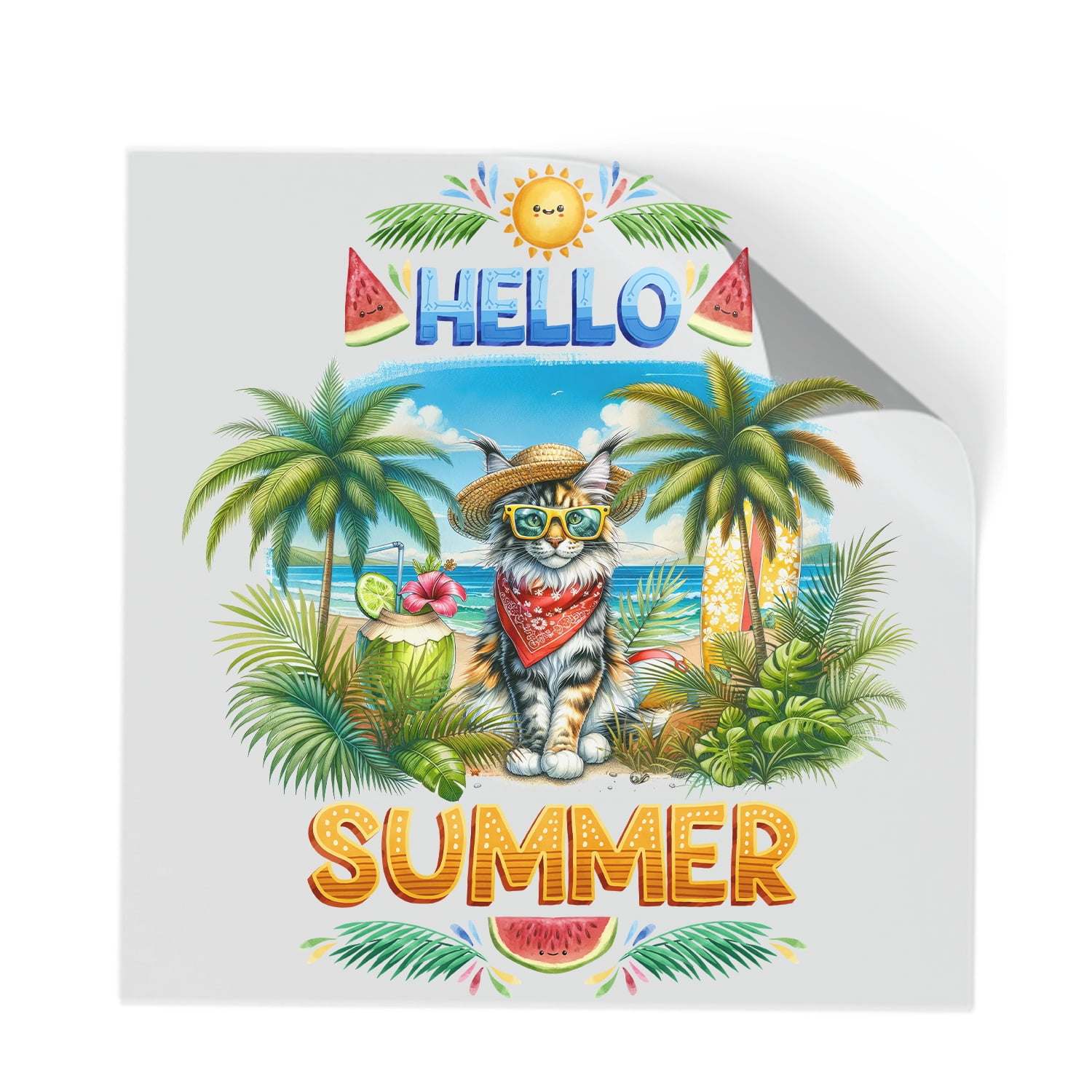 Maine Coon Hello Summer with Sunglasses and Surfboard Tropical Vibes ...