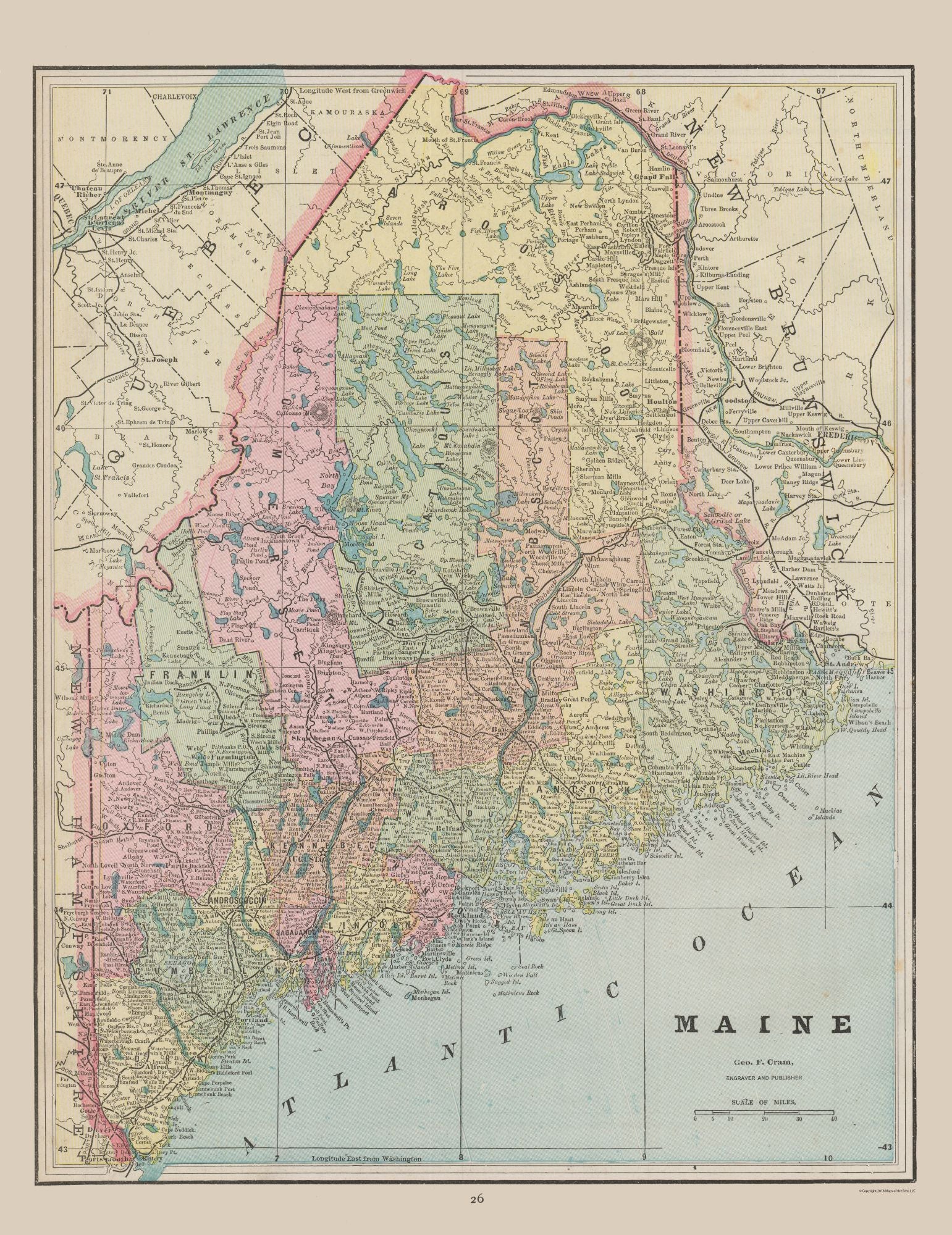 Historic State Map - Maine - Cram 1892 - 23 x 29.86 - Vintage Wall Art ...