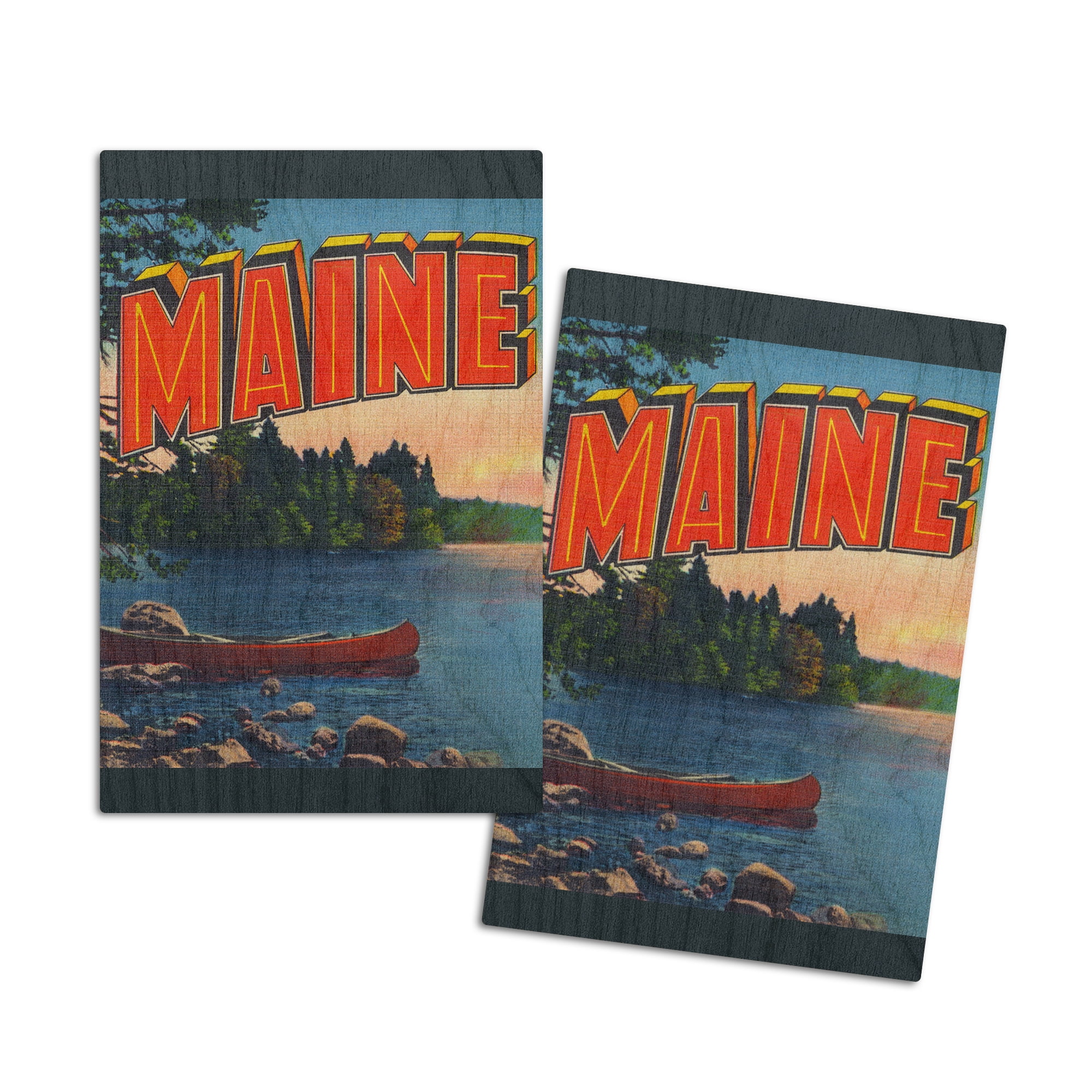 Maine, Greetings From with Canoe on the Lake (4x6 Birch Wood Postcards ...