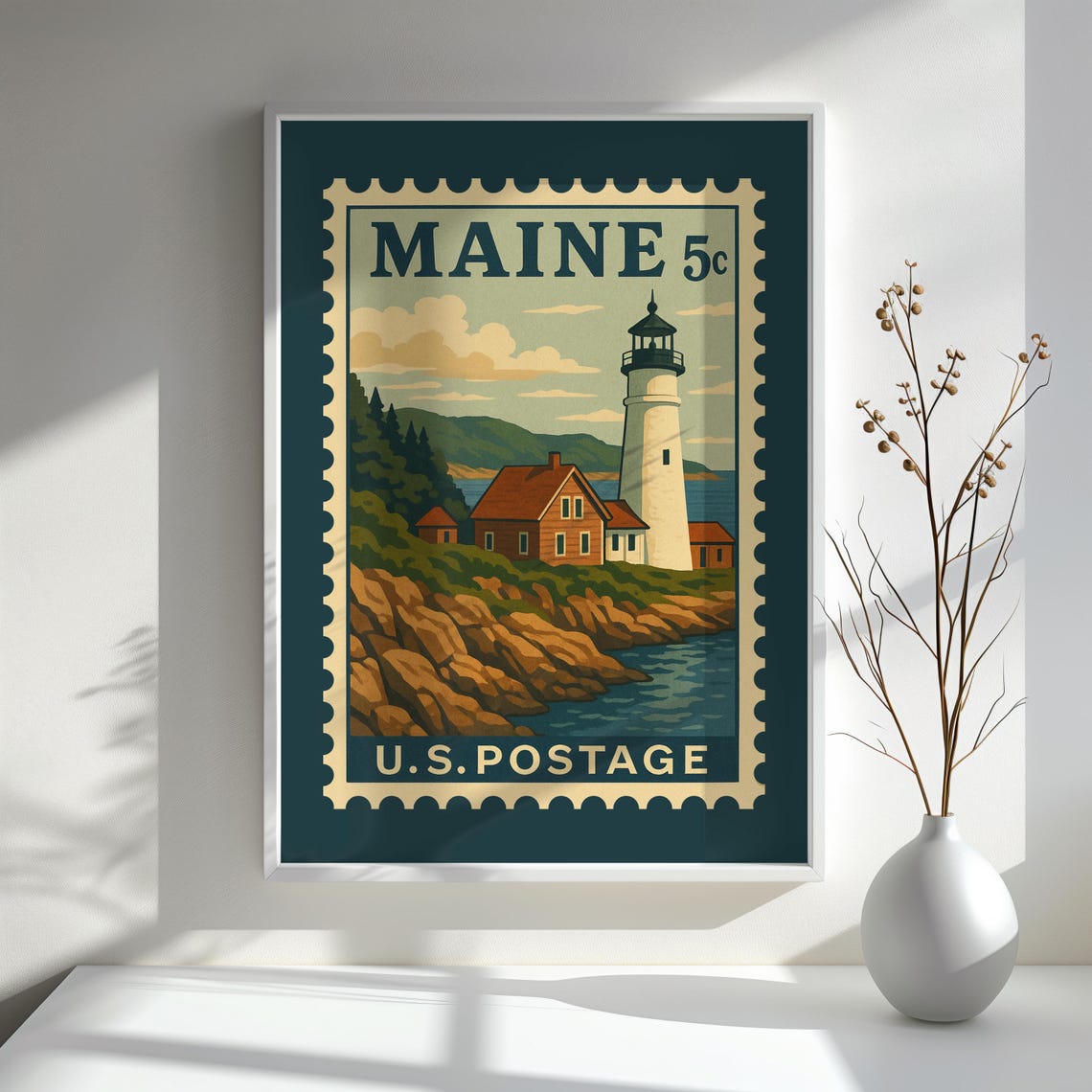 Maine Lighthouse Postage Stamp Poster Vintage Style Coastal Wall Art ...