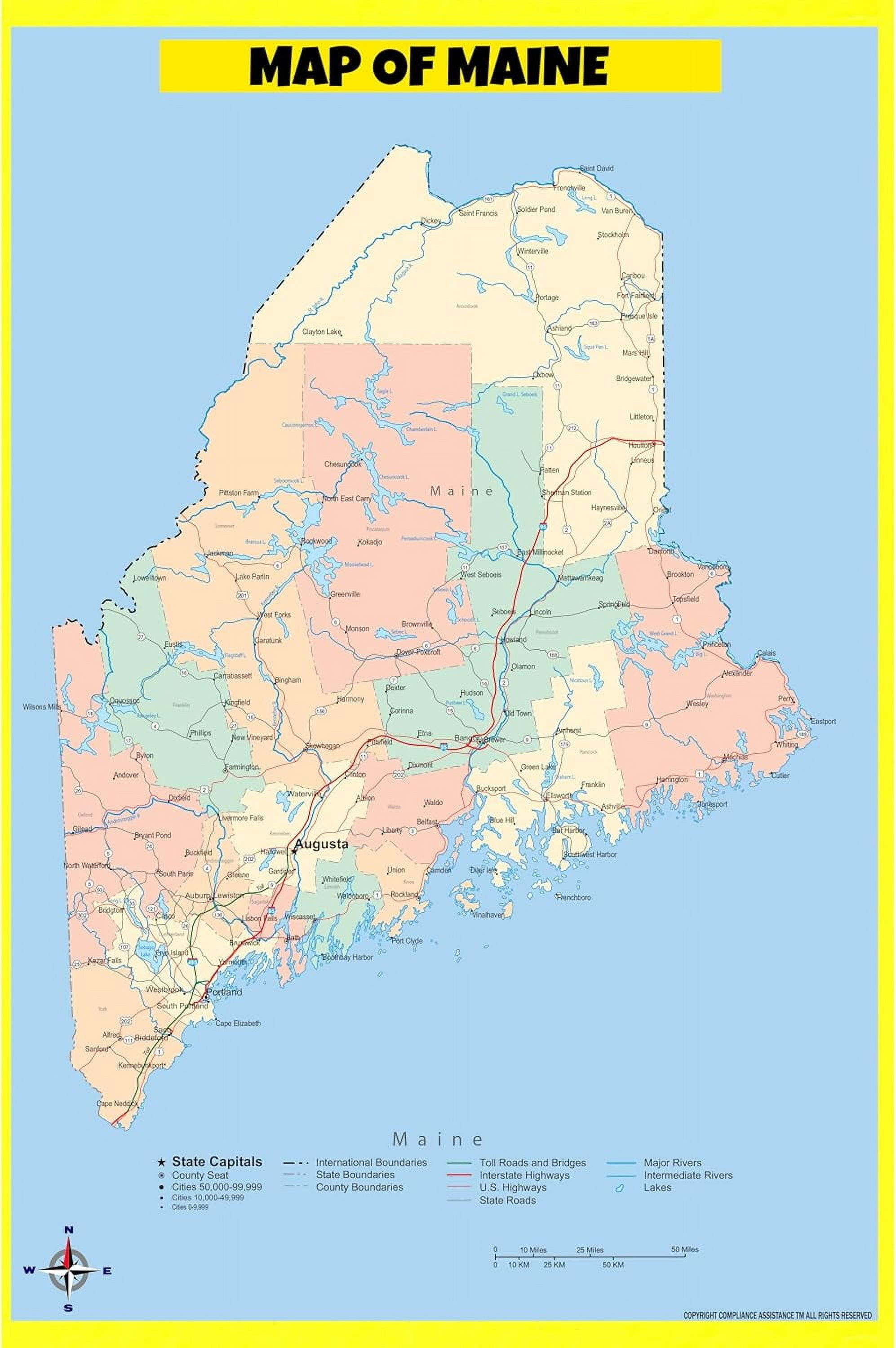 Maine Map Poster - Laminated Wall Map - Style A - 24x36 - Ideal for ...