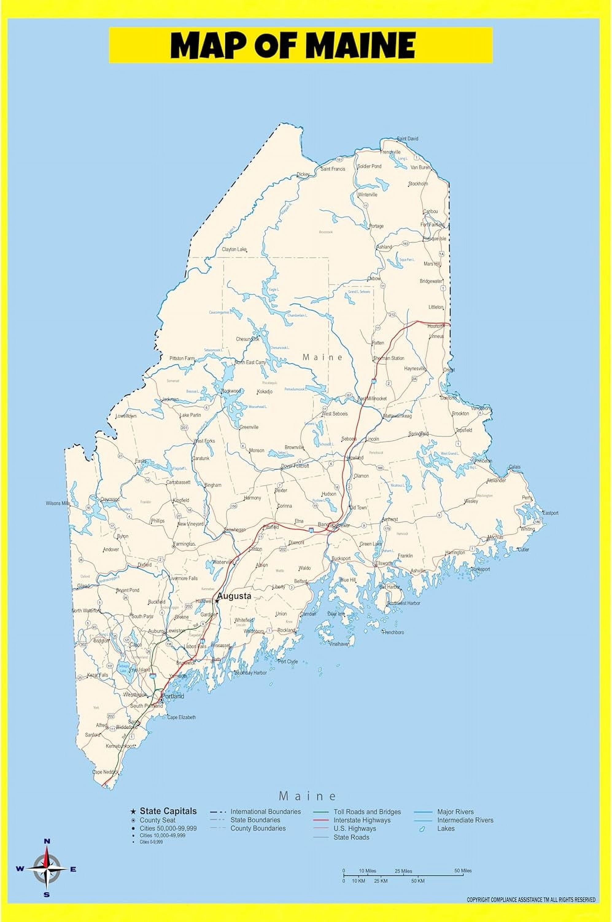 Maine Map Poster - Laminated Wall Map - Style B - 36x60 - Ideal for ...