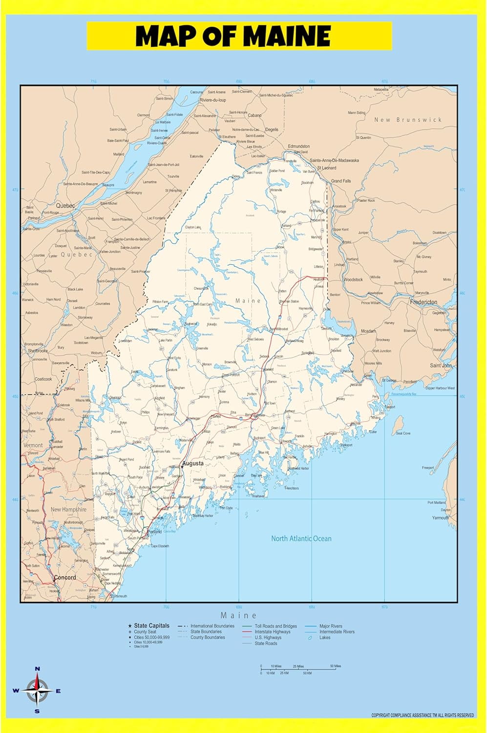 Maine Map Poster - Laminated Wall Map - Style C - 36x60 - Ideal for Classrooms and Homes ...