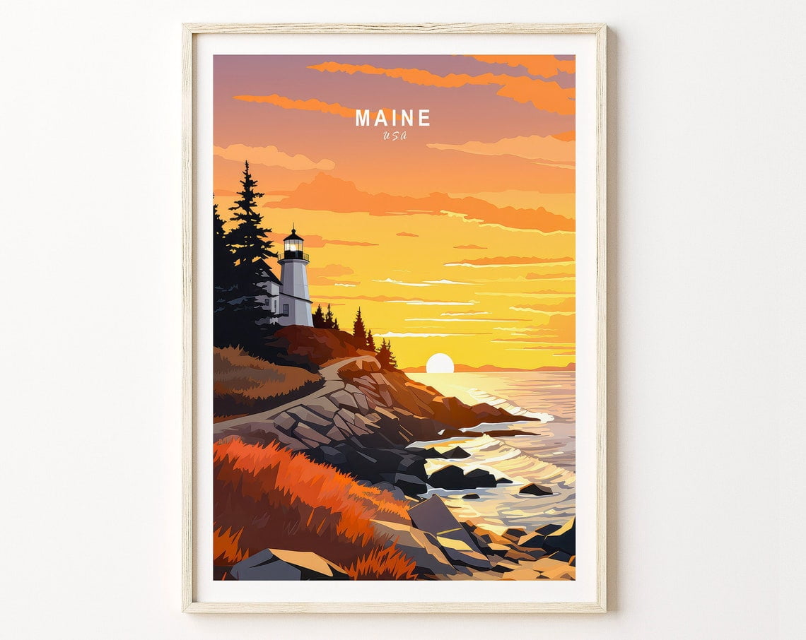Maine Travel Poster, Maine State Coastal Travel Poster, Maine Travel ...