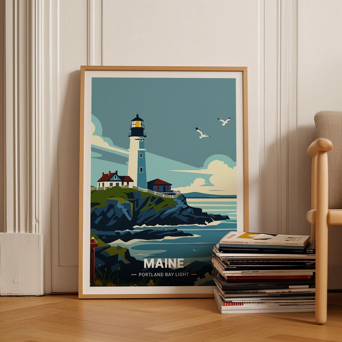 Maine Travel Poster, Portland Bay Lighthouse Art, Coastal Home Office ...