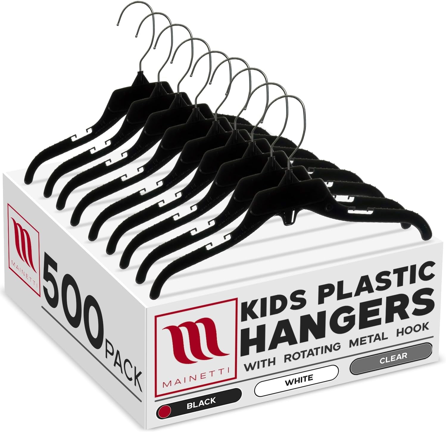 Mainetti 498 Black Plastic Hangers - 500 Pack with Rotating Metal Hook ...