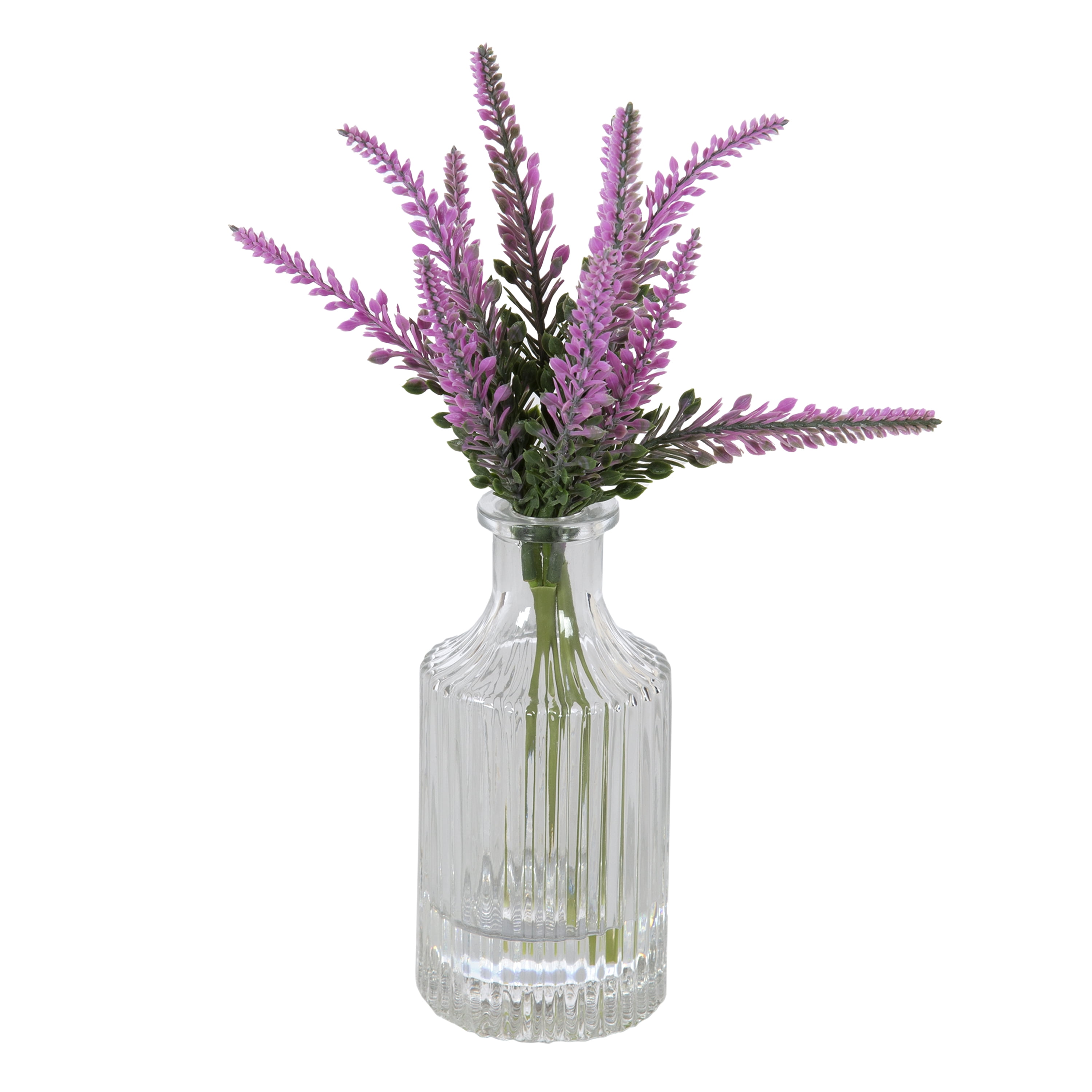 Mainstays 10.5" Artificial Lavender Flower Stems in Ribbed Glass Vase ...