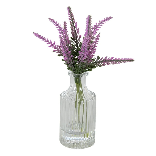Mainstays 10.5" Artificial Lavender Flower Stems in Ribbed Glass Vase ...