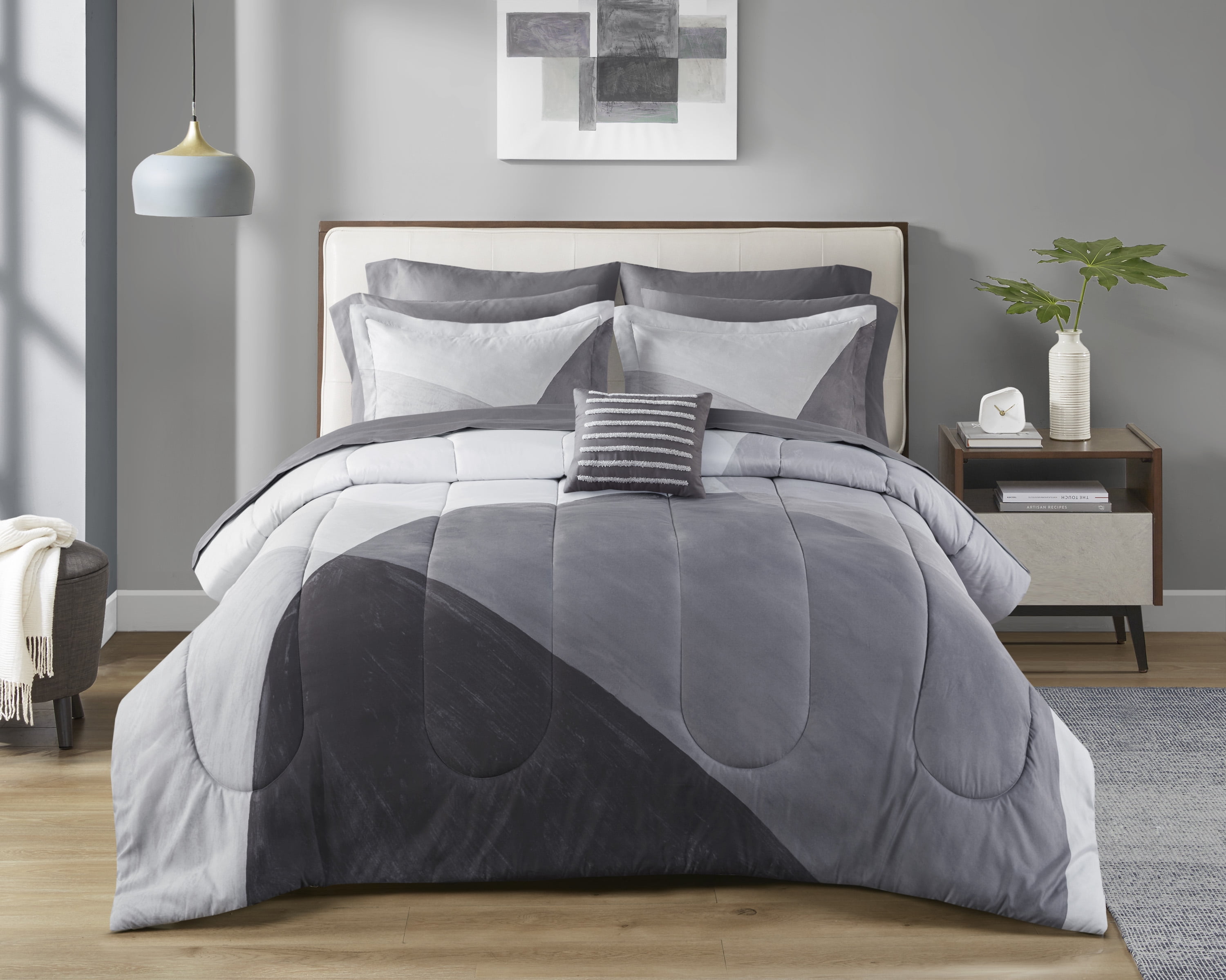 Mainstays 10 Piece Grey Color Block Bed in a Bag Comforter Set with ...