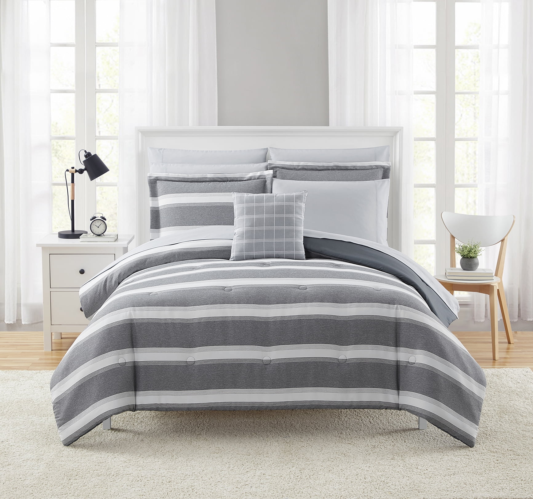 Mainstays 10 Piece Grey Stripe Bed in a Bag Comforter Set with Sheets ...