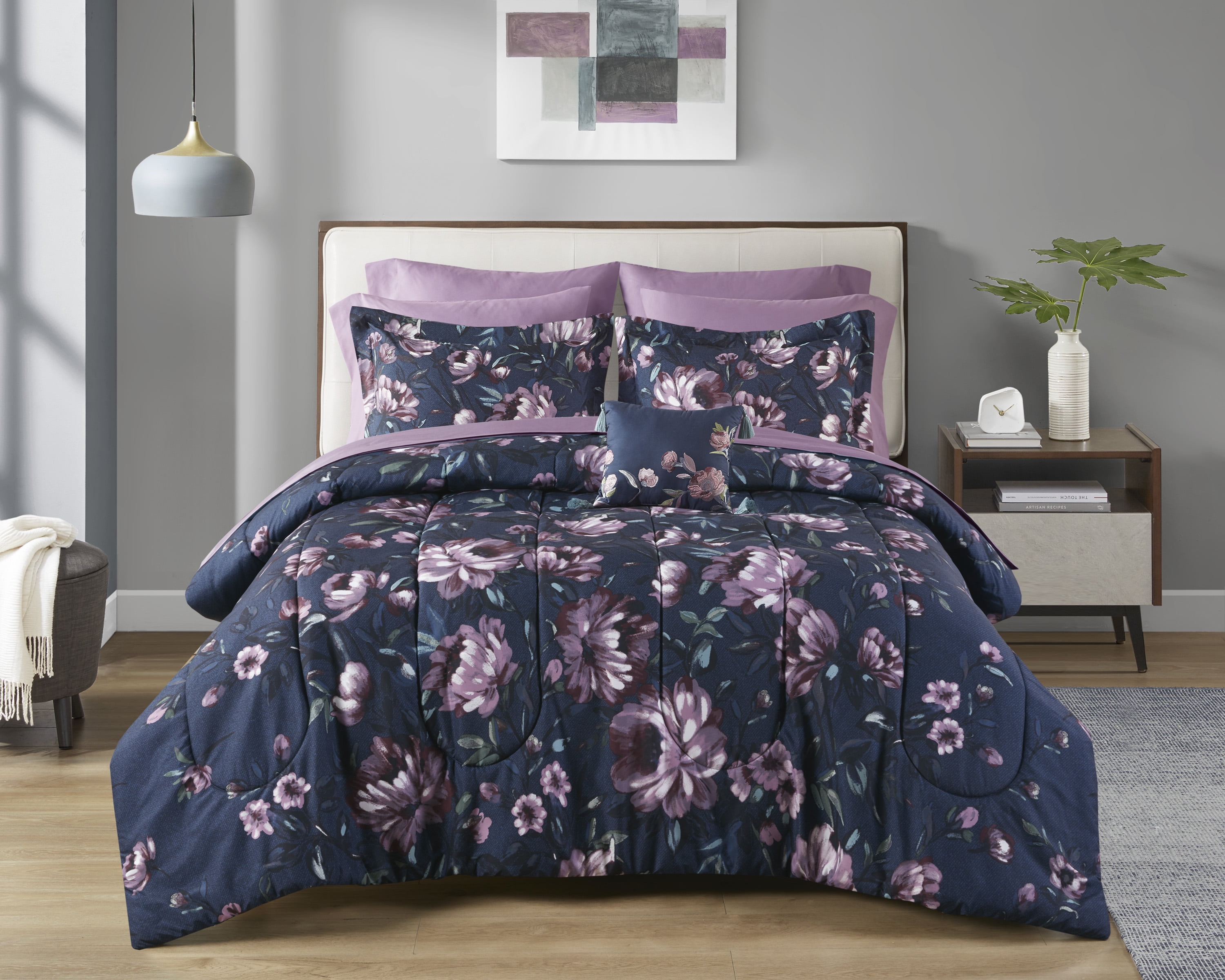 Mainstays 10 Piece Navy Floral Bed in a Bag Comforter Set, Queen, with ...