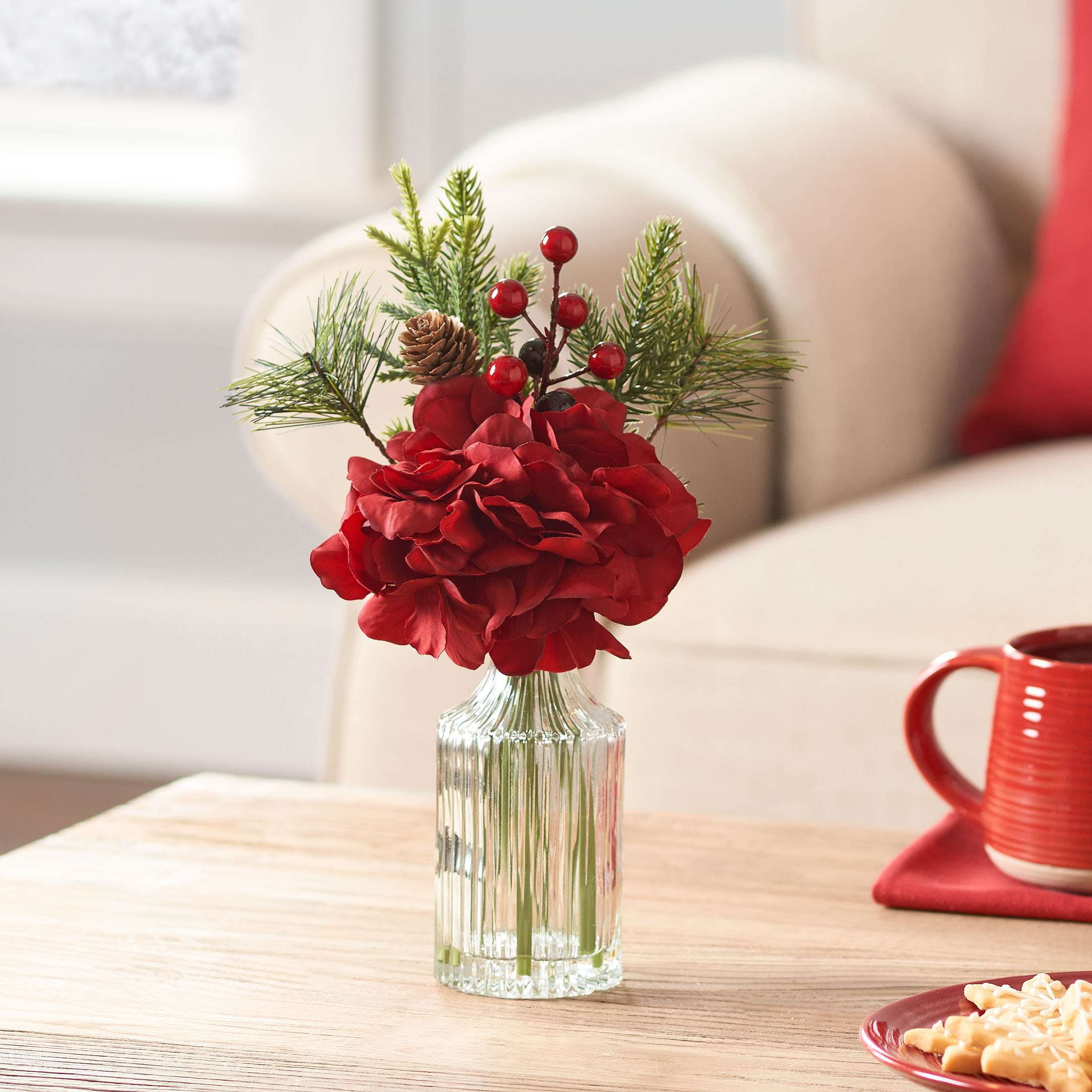 Mainstays 11.5in Artificial Red Hydrangea in Clear Ribbed Glass Vase ...