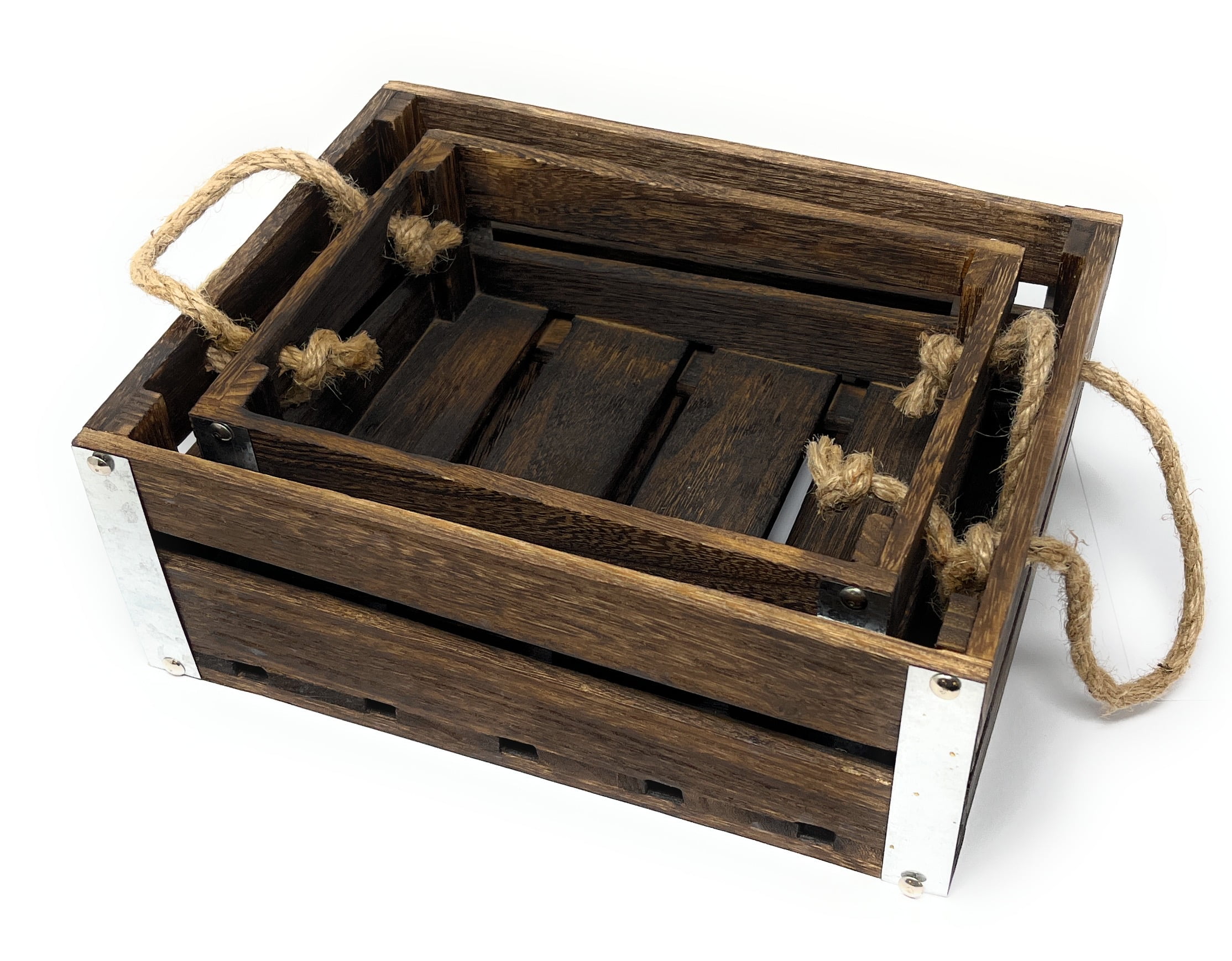 Mainstays 11" Brown Wood Crate Nested 2 Pack Set (11.8" L x 8.6" W x 4 ...