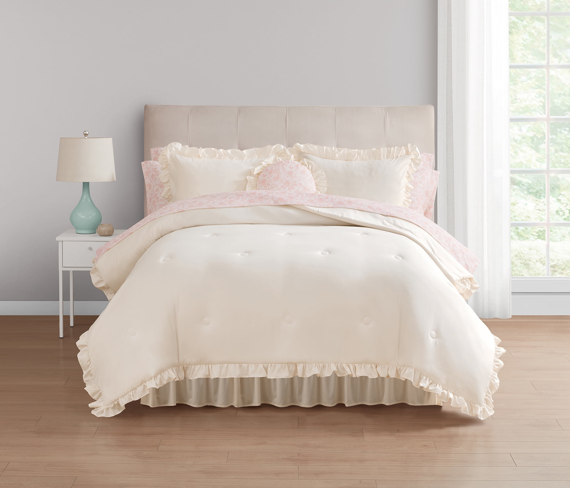 Mainstays 11-Piece Bed in a Bag Comforter Set with Sheets, Cream Ruffle ...