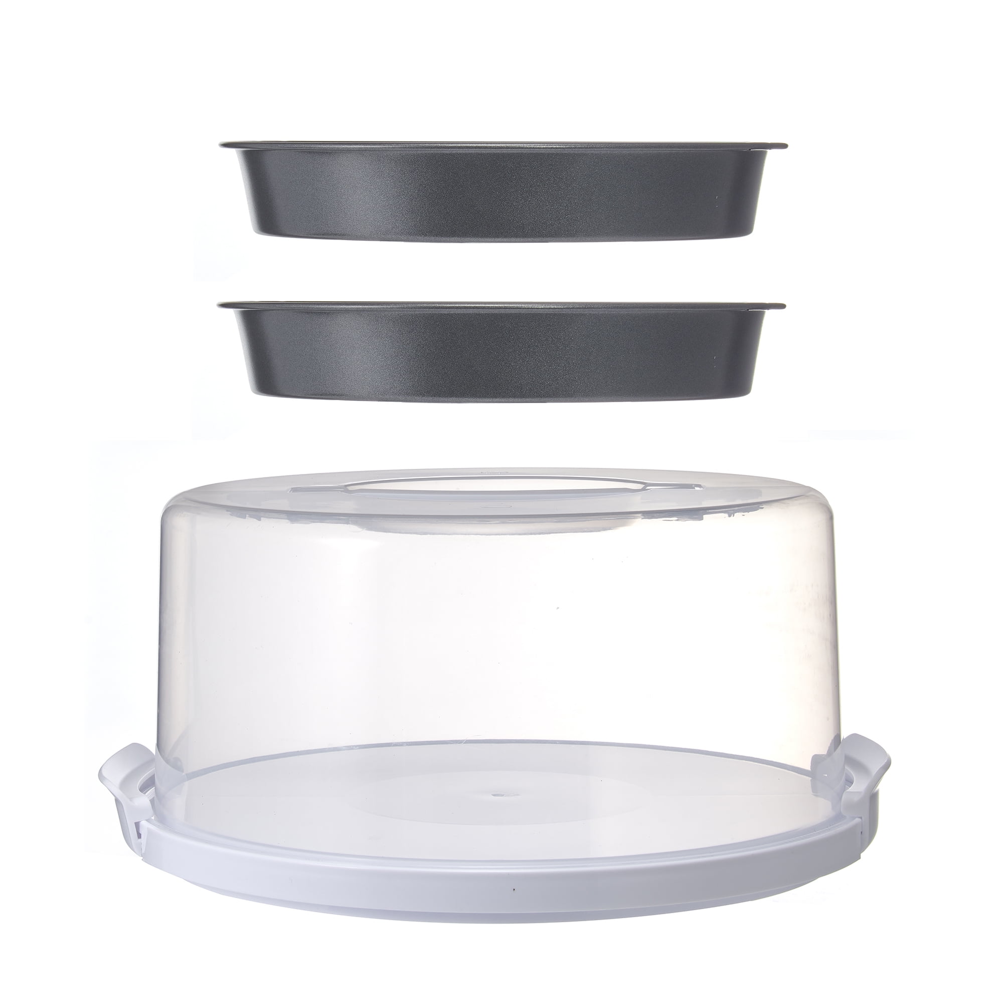 Mainstays 12-inch Clear Cake Carrier with 2 Pack 9-inch Gray Round Pans ...