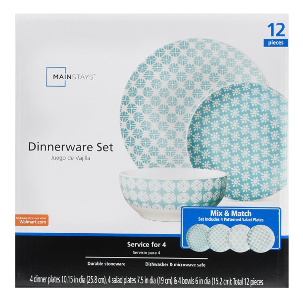 Mainstays 12 piece Stoneware Dinnerware Set, Teal Print - Walmart ...