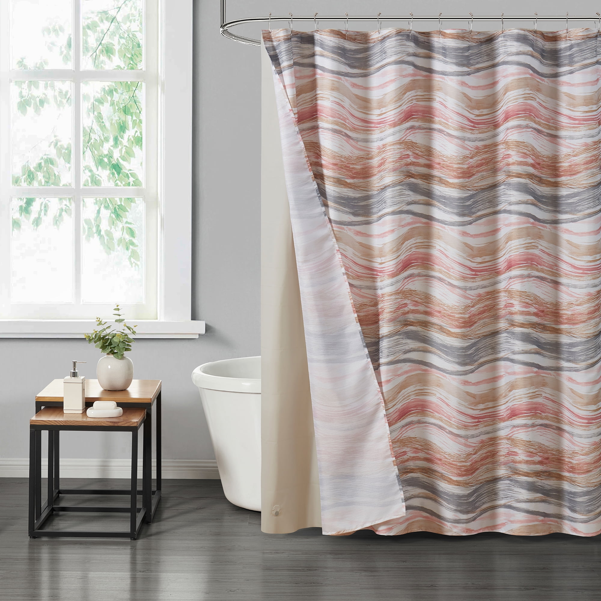 Mainstays 14 Piece Fabric Shower Curtain Set, PEVA Liner & Hooks ...