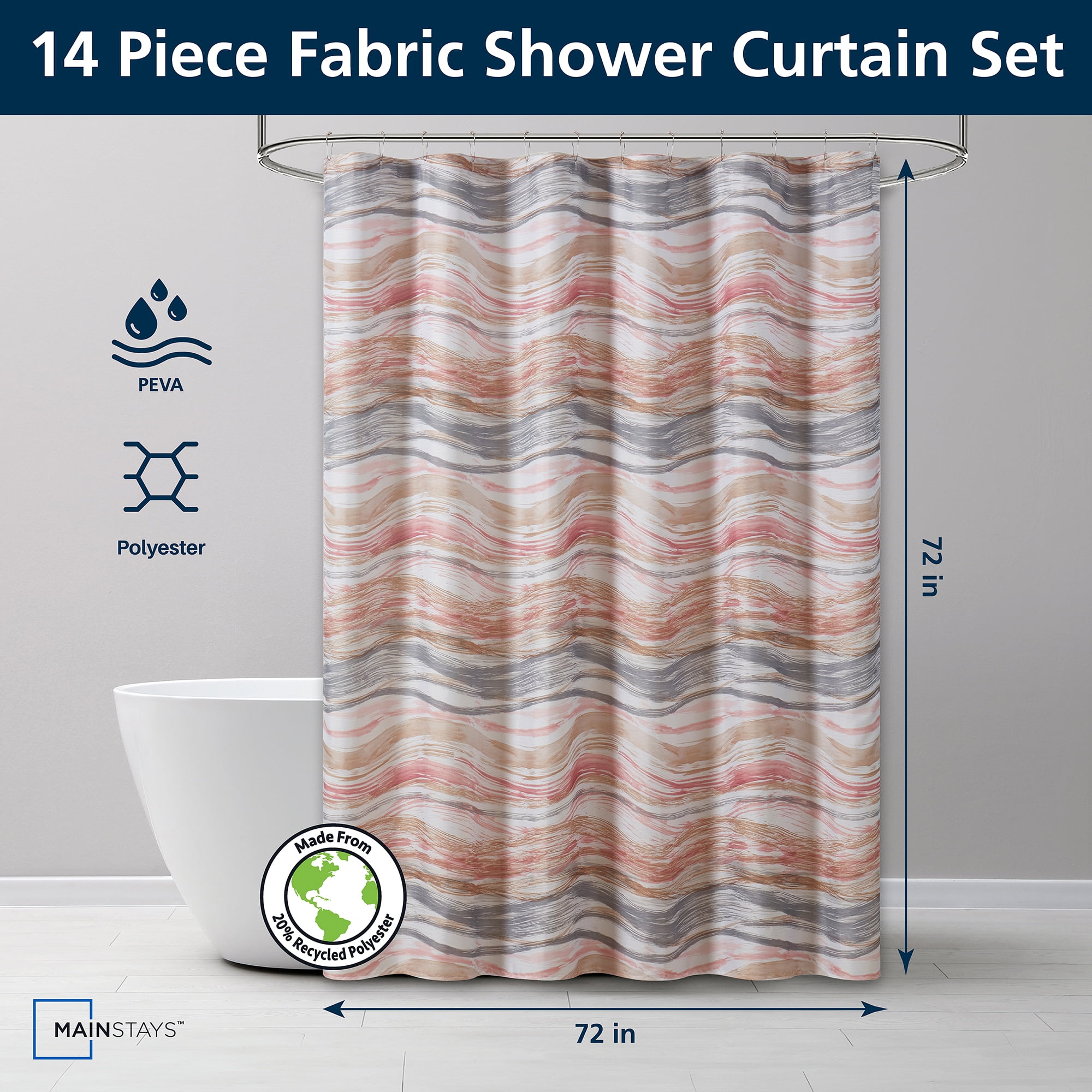 Mainstays 14-Piece Abstract Wave Shower Curtain Set – 72" x 72" Fabric ...