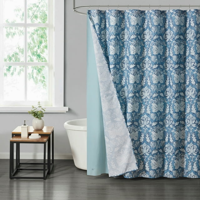 Mainstays 14 Piece Fabric Shower Curtain Set Peva Liner And Hooks Blue