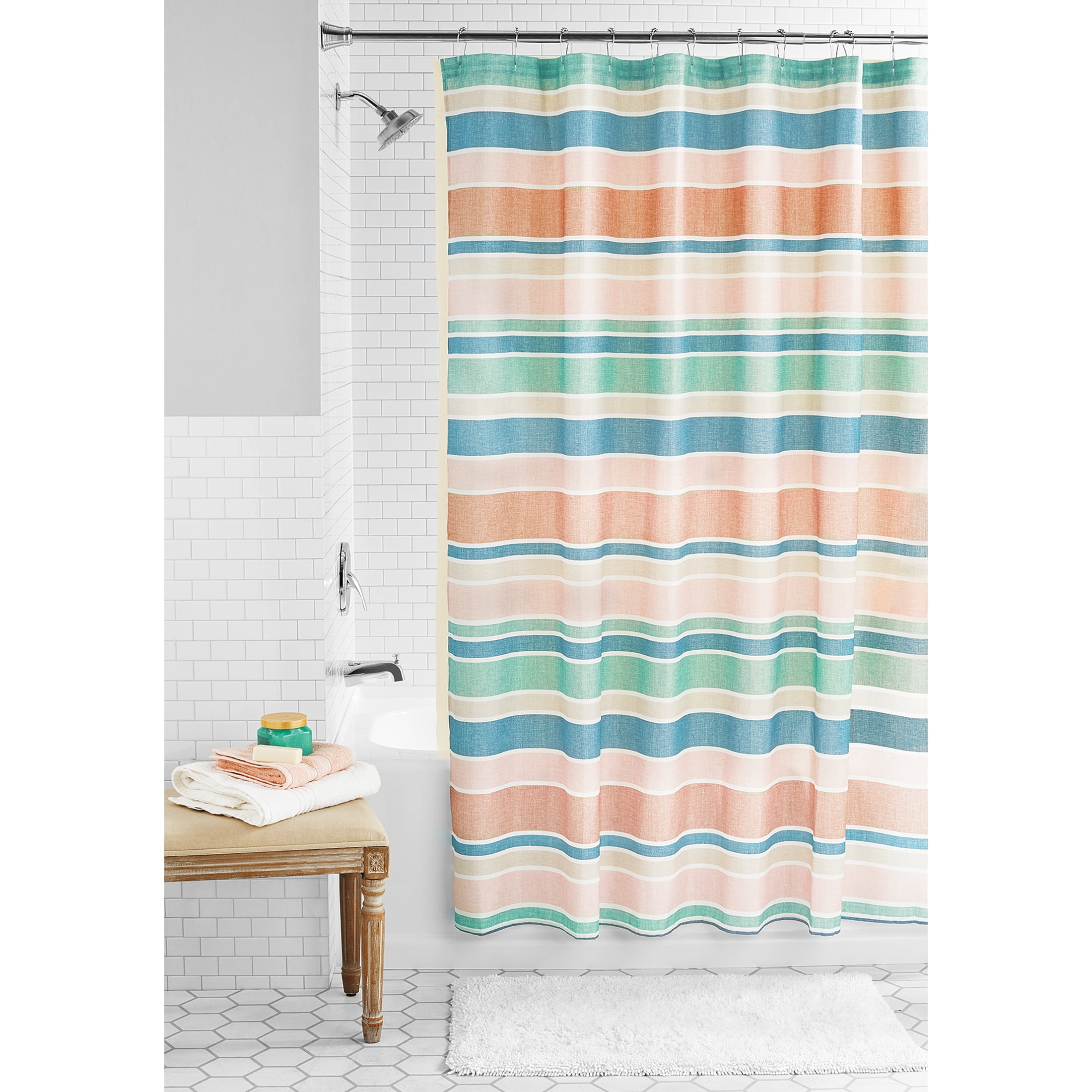 "Mainstays Shower Curtain Set with Multicolor Stripe Polyester 72"" x ...