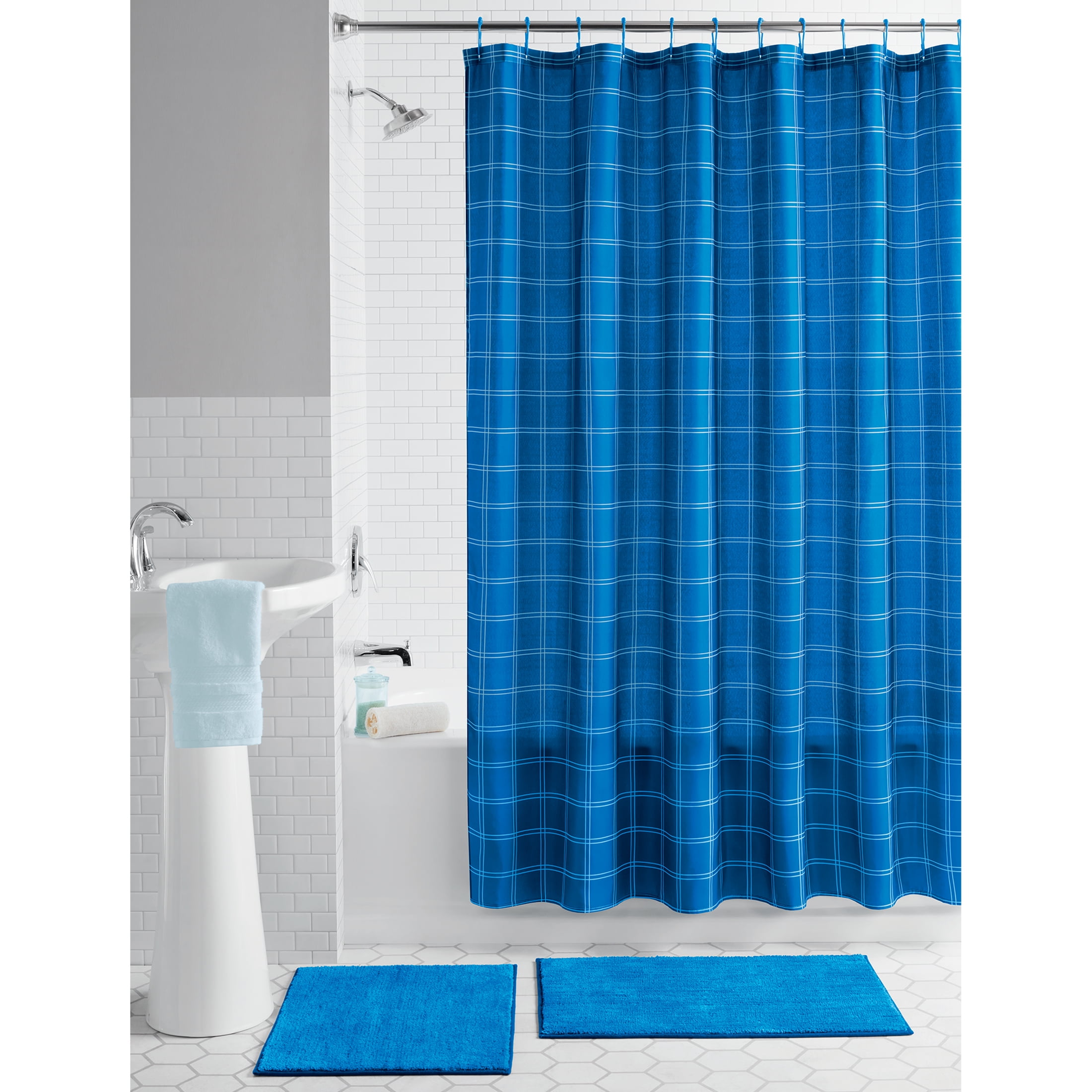 Mainstays 15-Piece Blue Windowpane Polyester Shower Curtain Bath Set ...