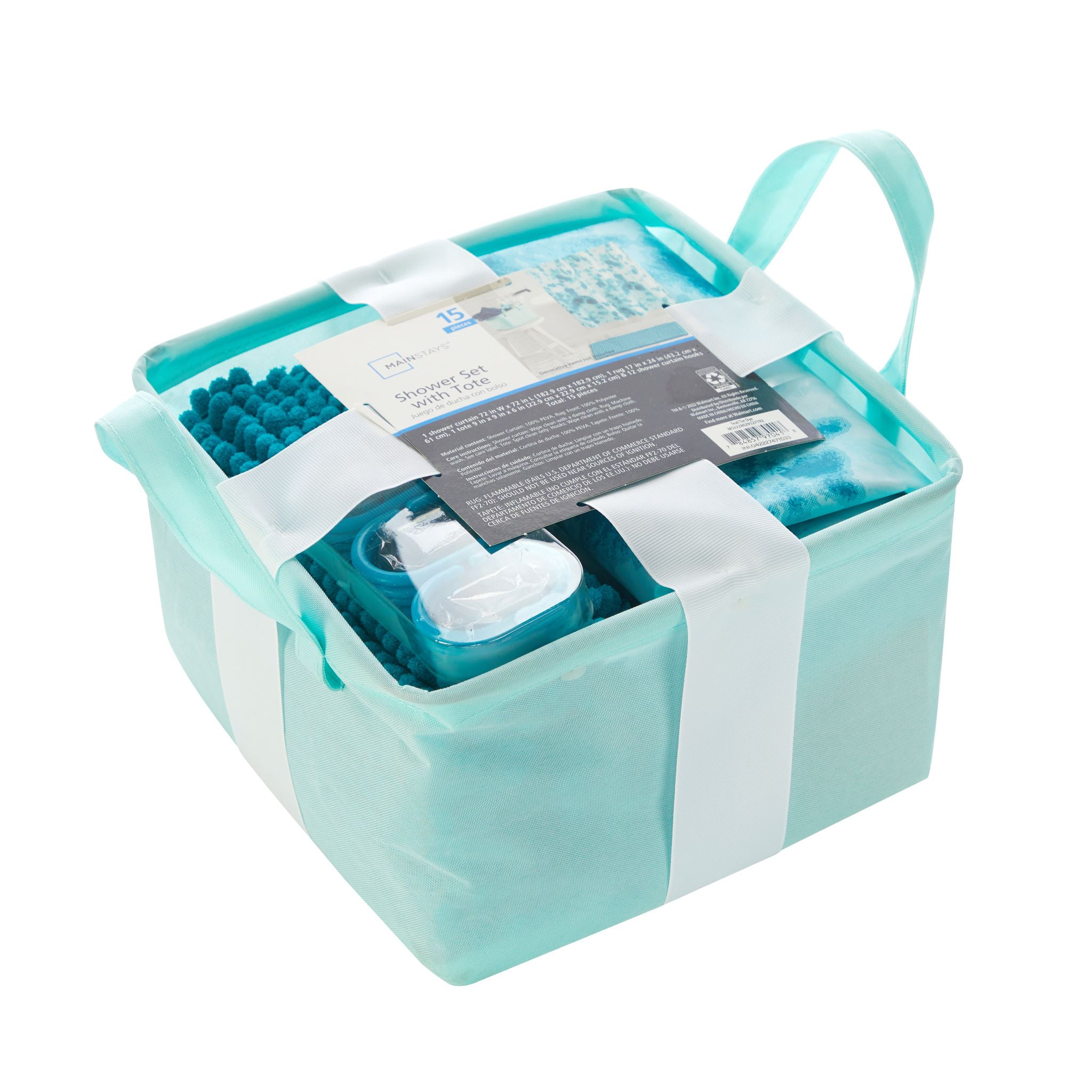 Mainstays 15 Piece Shower Tote Set - Shower Curtain, Noodle Rug ...