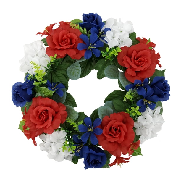 Mainstays 17in Outdoor Artificial Rose Wreath, Red White and Blue ...