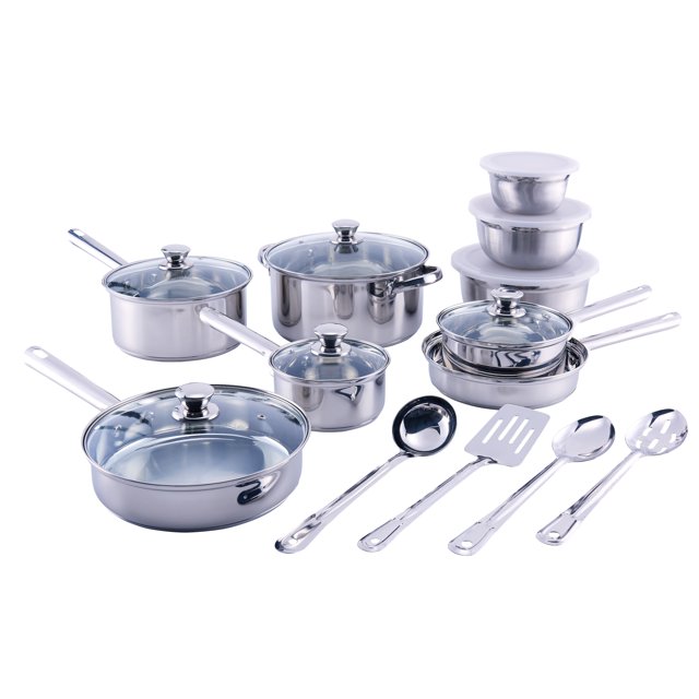 Mainstays 18 Piece Ultra-Durable Stainless Steel Cookware Set, Shatter ...