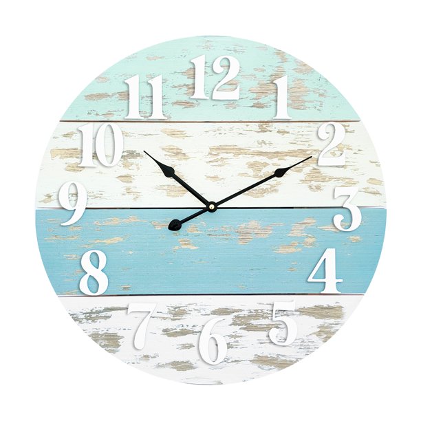 Mainstays 20" Farmhouse Coastal Blue Wood Round Wall Clock, Real Wood ...