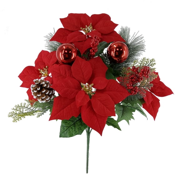 Mainstays 21in Artificial Poinsettia Bouquet Red for Indoor Holiday ...